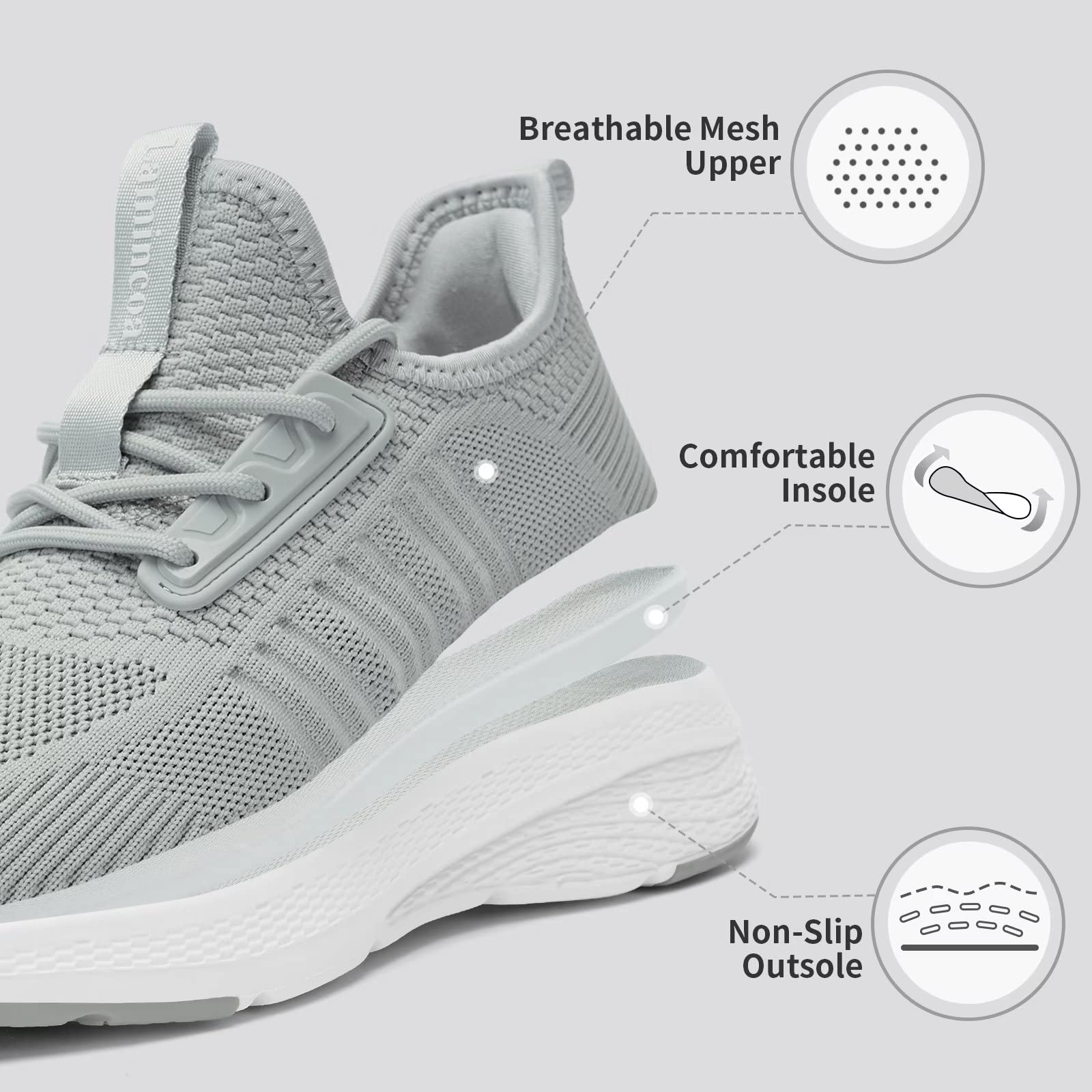 Lamincoa Womens Walking Sneakers Running Tennis Shoes Lightweight Memory Foam Casual for Gym Workout Yoga Light Grey Size 8