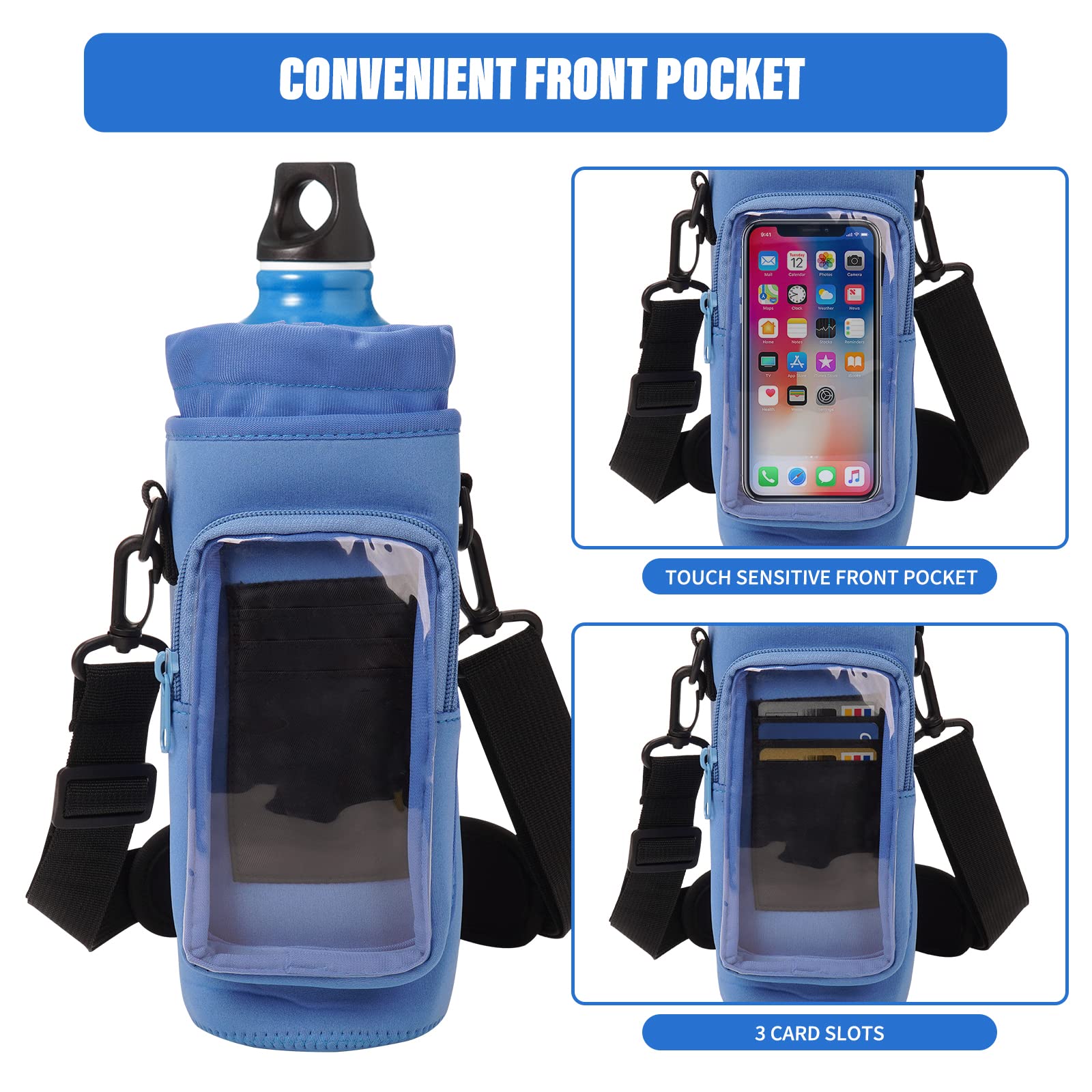 Nunwiza Water Bottle Carrier Bag with Adjustable Shoulder, Touch Sensitive Supported Water Bottle Sling Holder for Walking Outdoor Hiking Travelling Camping Under 40oz(Black)