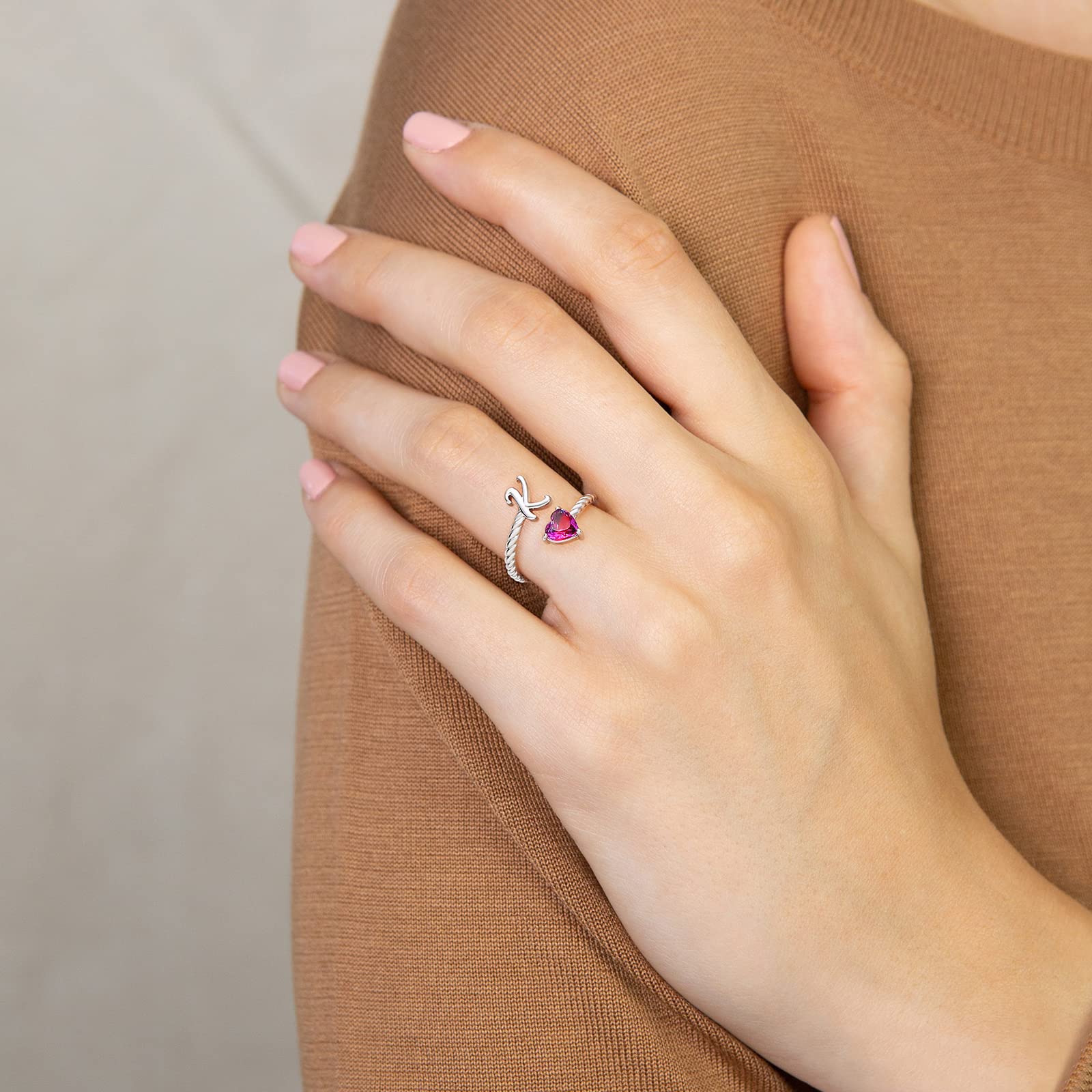 KRKC Adjustable Initial Ring, White Gold Plated Statement Rings with Tourmaline Gemstone, Personalized Letter Stacking Ring Alphabet A to Z for Women