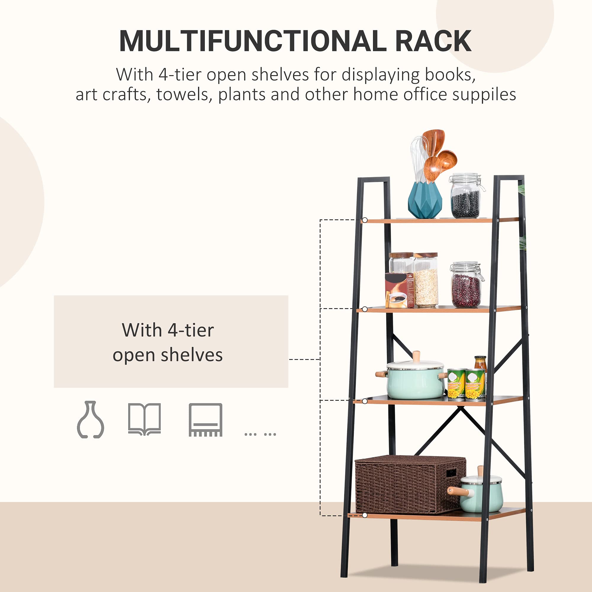 HOMCOM Industrial 4 Tier Ladder Shelf Bookshelf Vintage Storage Rack Plant Stand with Wood Metal Frame for Living Room Bathroom, Distressed Brown