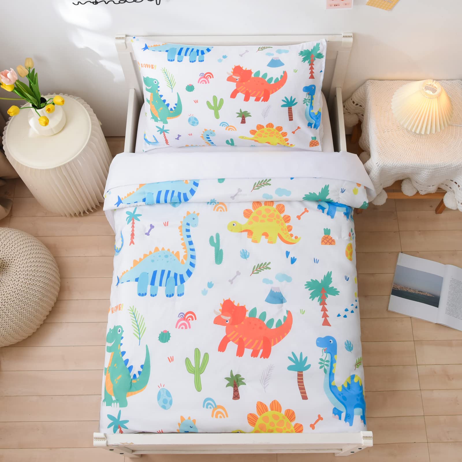 PHANTASIM Dinosaur Theme Print Toddler Bedding Set-Kids Bedding Set 4 Piece Toddler Bed Sheet Set - Standard Size Includes Comforter, Flat Sheet, Fitted Sheet and Pillowcase for Girls and Boys