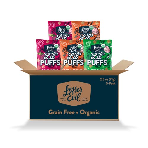 LesserEvil Lil' Puffs Variety Pack, Contains 2 Sweet Potato Apple, 2 Strawberry Beet, and 1 Veggie Blend, Organic Snacks for Kids, Rice-Free, 0g Sugar Per Serving, 2.5 Oz, (Pack of 5)