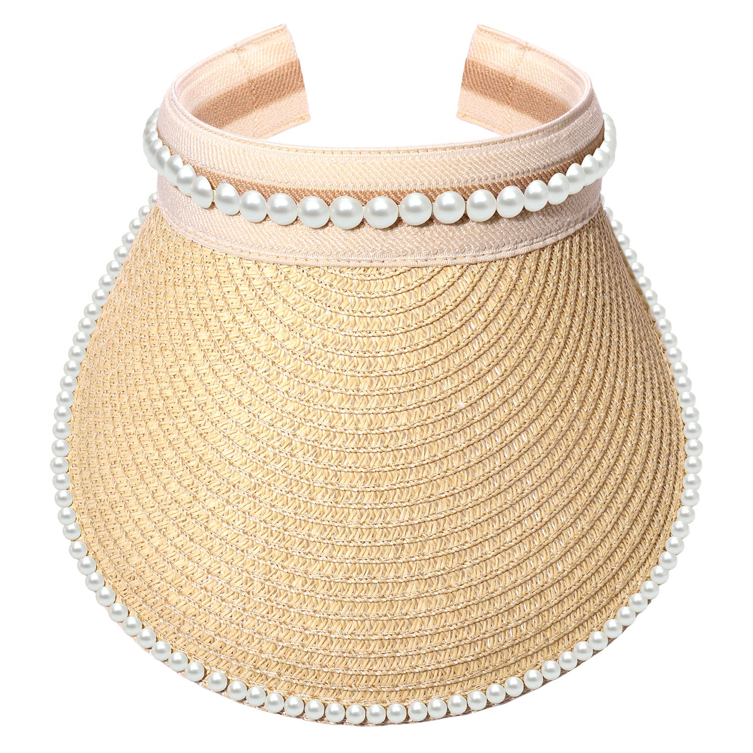 NLCAC Sun Visors for Women Pearl Straw Visor Hat Wide Brim Clip On Visor Summer Beach Straw Sun Hat Travel Accessories Beige