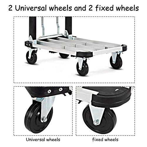HWZQHJY Folding Aluminum Platform Truck, 4-Wheel Dolly Cart, Height and Length Adjustable, 330-lb Capacity, Silver