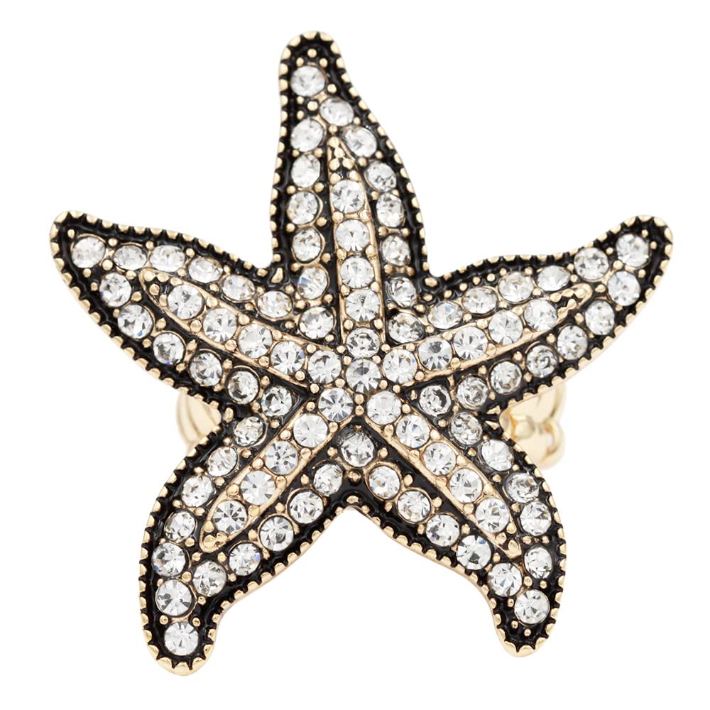 Lavencious Starfish Design Rhinestone Stretch Statement Ring for Women Size for 7-9(Silver Turquoise)