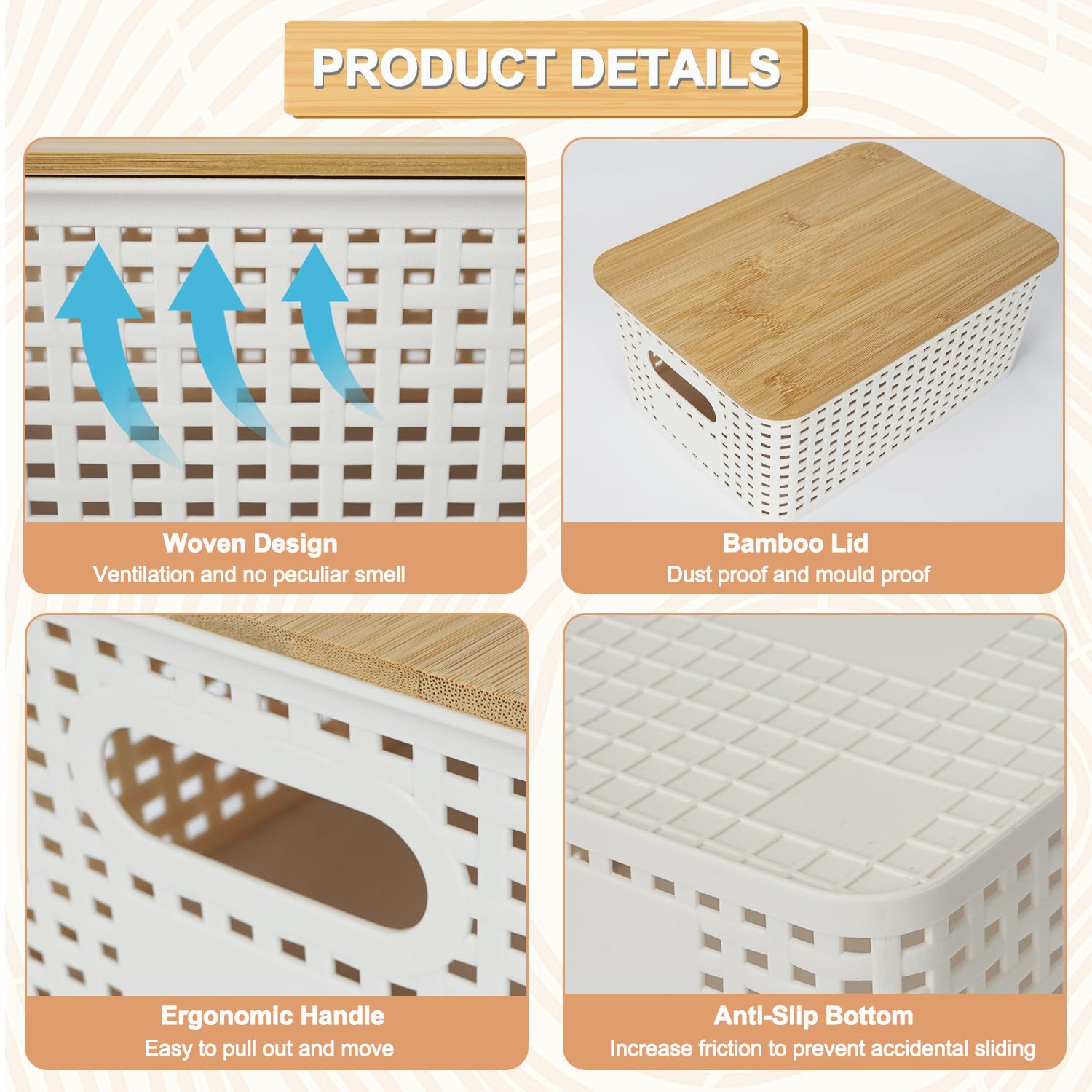 UHAPEER 6 PCS Storage Bins with Bamboo Lids Plastic Baskets Plastic Storage Containers for Organizing Stackable Storage Box with Handle for Shelves Drawers Desktop Closet Classroom Office(White)