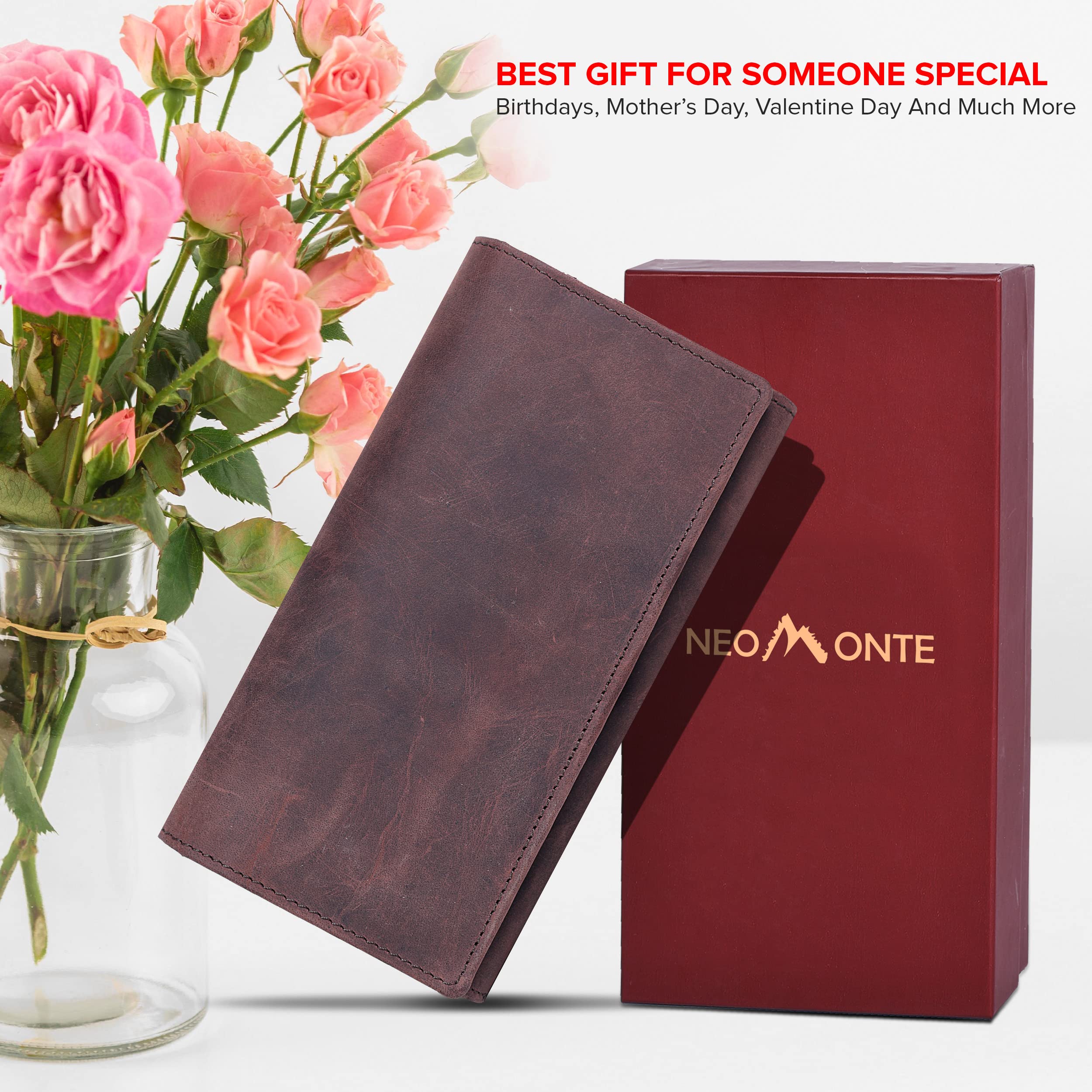 NeoMonte Leather Wallets for Women - RFID Blocking Wallet with 10 Credit Card Slots (Black)