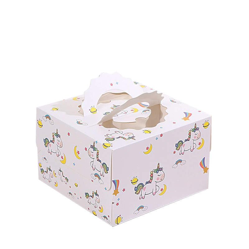 Joyful Harts - Bento Cake Box - with cake board & handle - mini cake gift boxes - cupcake box - muffin box - 10 pieces 6x6x4 inches - disposable mini cake carrier (White-Unicorn)