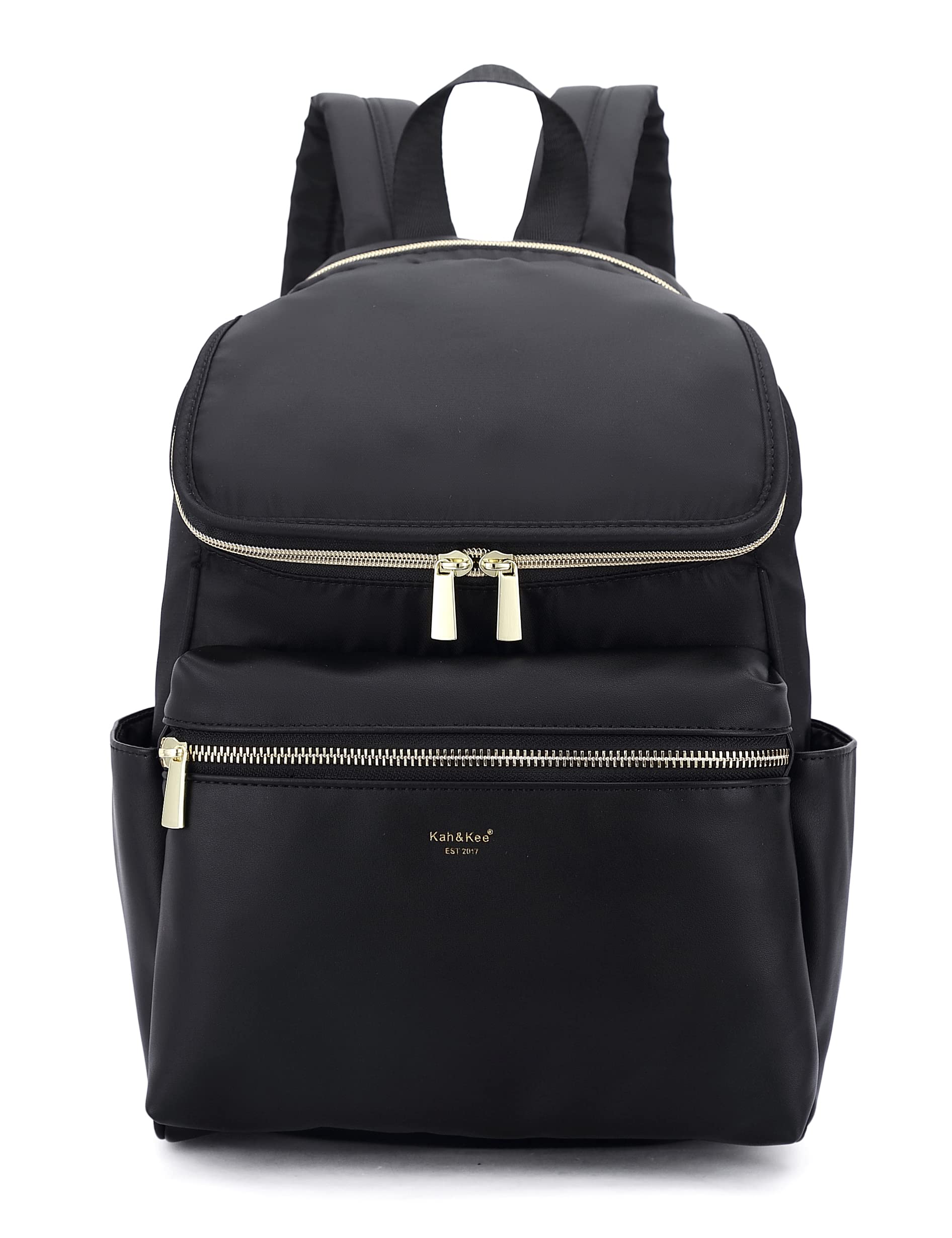 Kah&Kee Backpack for Women Fashion Waterproof School Bag Multiple Compartments 10 Pockets Fake-Leather Nylon Stitching (Black)