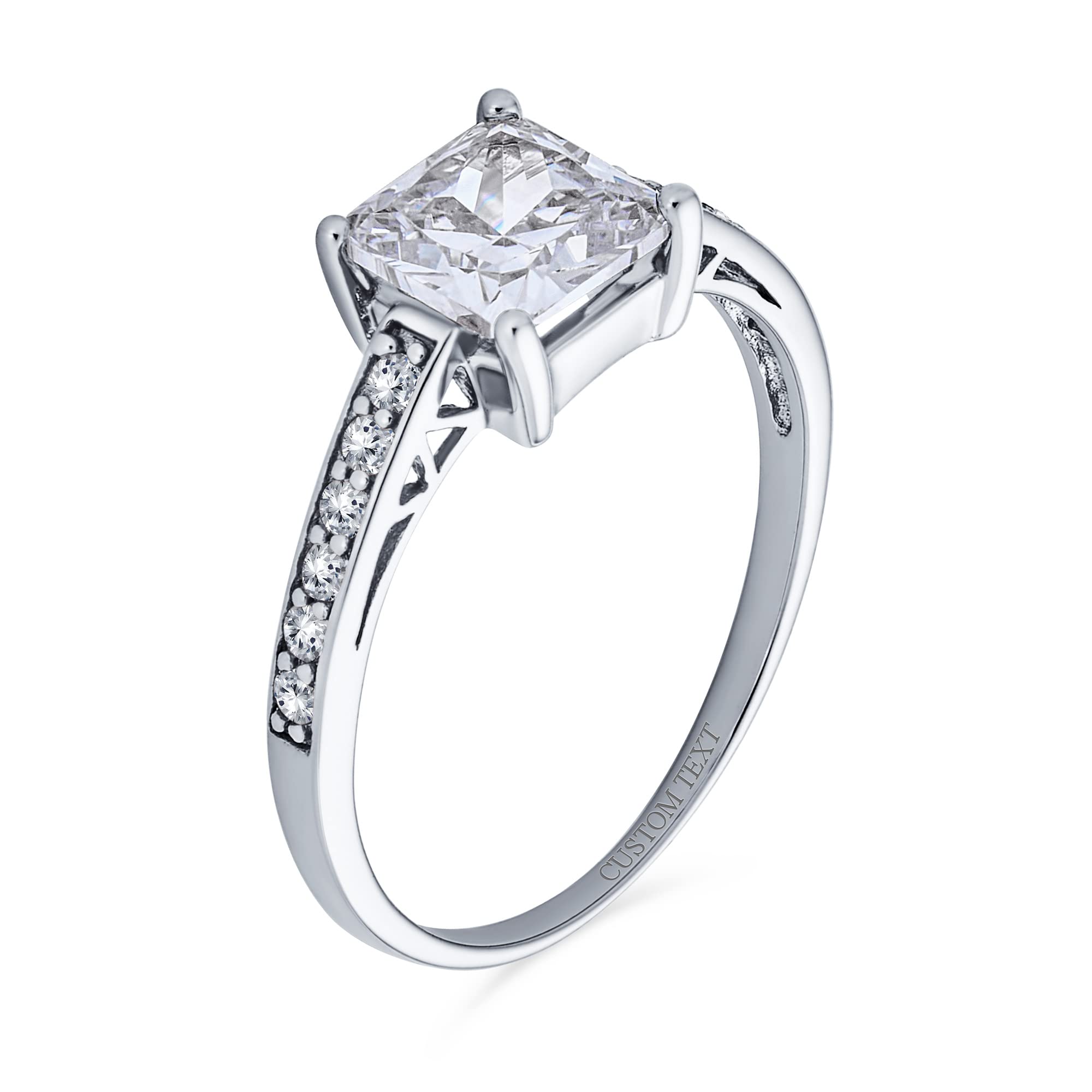 Personalized Classic Timeless 2.5CT AAA CZ Square Brilliant Princess Cut Solitaire Engagement Ring For Women .925 Sterling Silver Cubic Zirconia Pave Side Stone Band Custom Engraved
