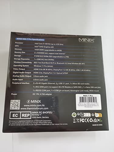 MINIX NGC-7 Pro Mini PC i7-10510U,16GB/512GB M.2 NVMe SSD Windows 11 Pro Mini Computer, Triple 4K @ 60Hz Display/HDMI 2.0/ USB-C/DP/2xGigabit Ethernet/4USB 3.1. Support 4G LTE, Auto Power On.