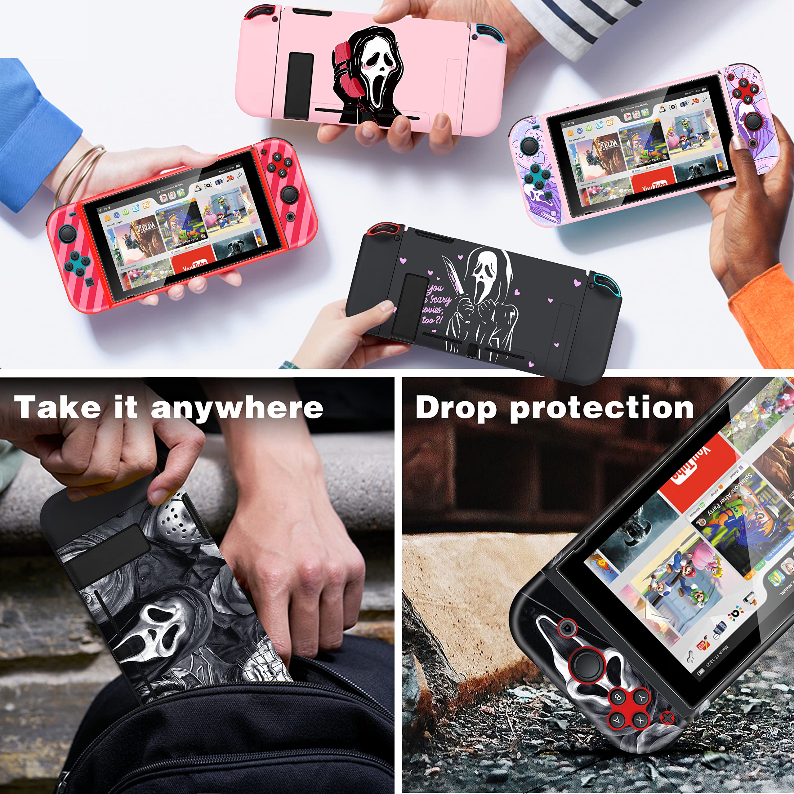Oqplog Ghost Case for Nintendo Switch Cool Themed Skeleton Skull Fun Funny Character Fashion Scratch Resistant Cases Hard Shell Cover for Girls Kids Boys Men for Switch,BW