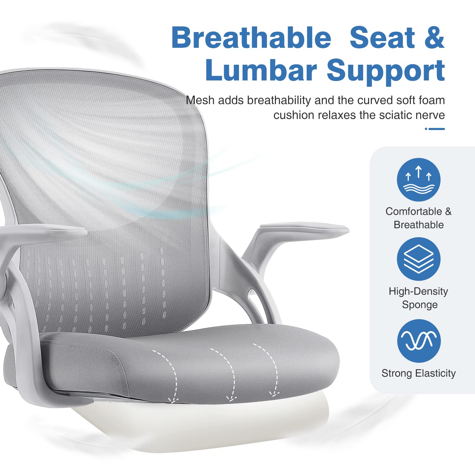 JHK Home Office Desk Chair β Ergonomic Office Chair with Lumbar Support and Flip-up Armrest, Height Adjustable Mesh Computer Chair, Suitable for Office, Study, Conference Room, Grey