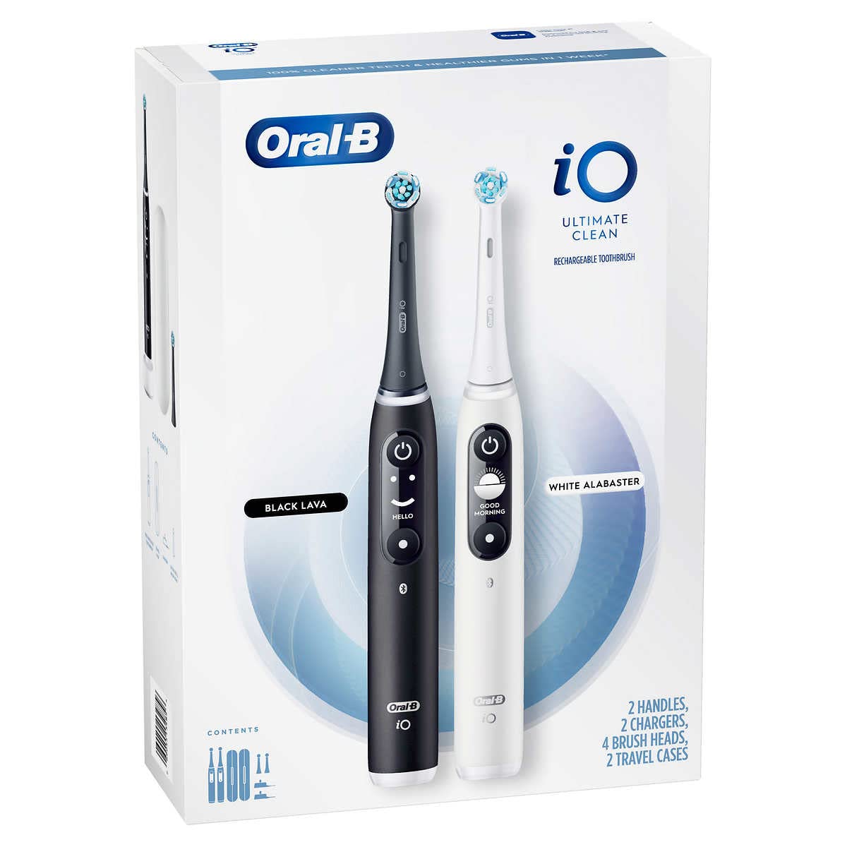 Oral-B iO Ultimate Clean Rechargeable Battery Powered Toothbrush 2-Set Incl. 2 Handles, 2 Chargers, 4 Brush Heads, 2 Travel Cases & Bluetooth (Black + White)