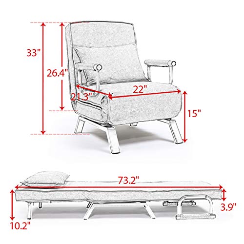 JAXPETY Sofa Bed Folding Arm Chair Single Sleeper Bed Chair, Leisure Recliner Lounge Couch w/Pillow and 5 Position Adjustable Backrest for Home Office, Gray
