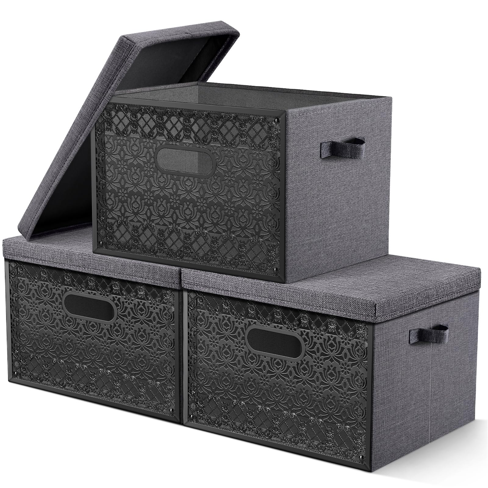 Iirios Storage Bins With Lids, 3 Pack Linen Foldable Storage Bins, Metal Clothes Storage Containers with Handles, Stackable Storage Baskets for Clothing, Blanket, Comforters, Pillows and Toys (Black)