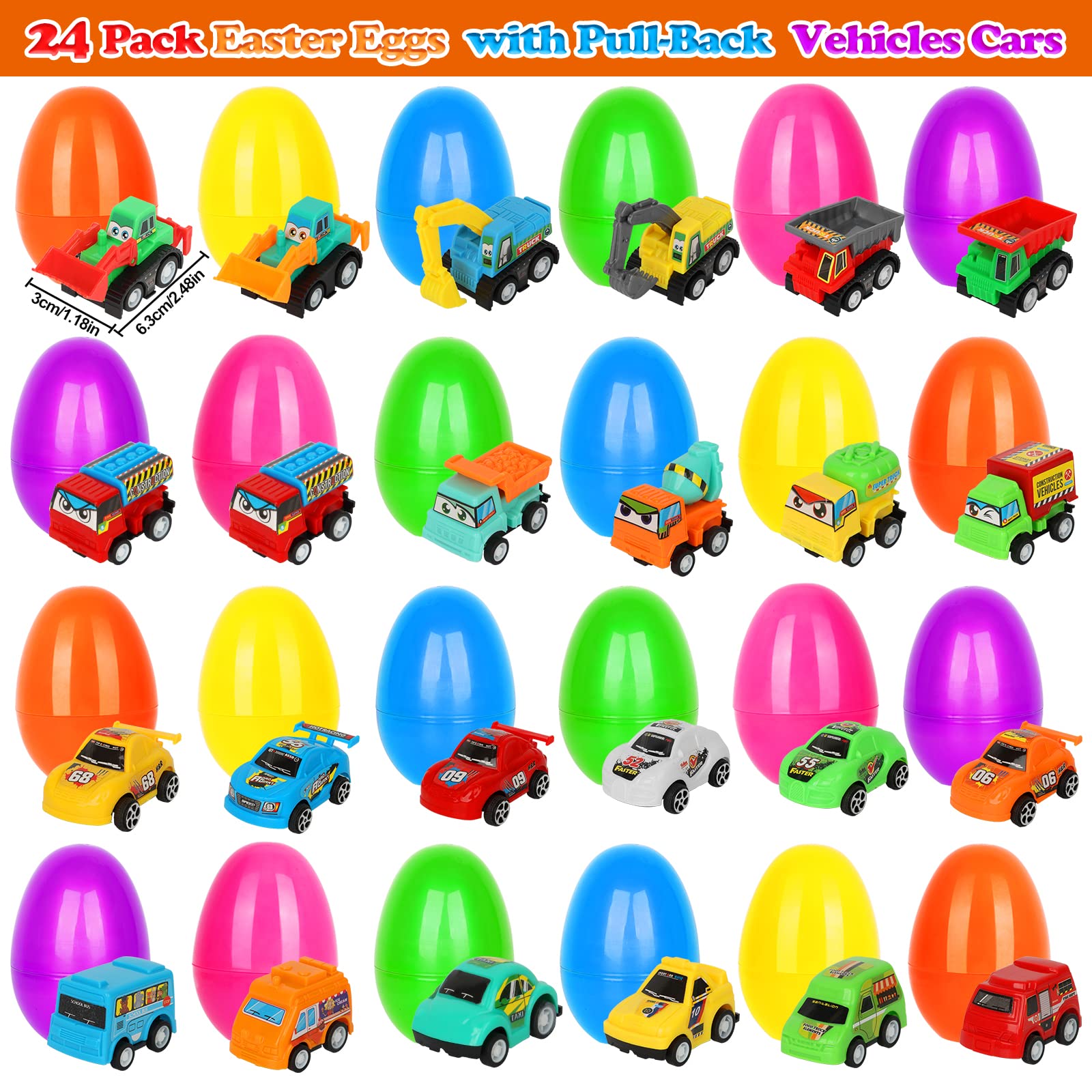RAMXCION 24 Pack Easter Eggs Prefilled with Pull Back Cars Toy, Easter Egg Filled with Vehicle Toys for Easter Hunt Party Favor, Easter Basket Fillers, Classroom Activity for Kids (24 Pack)