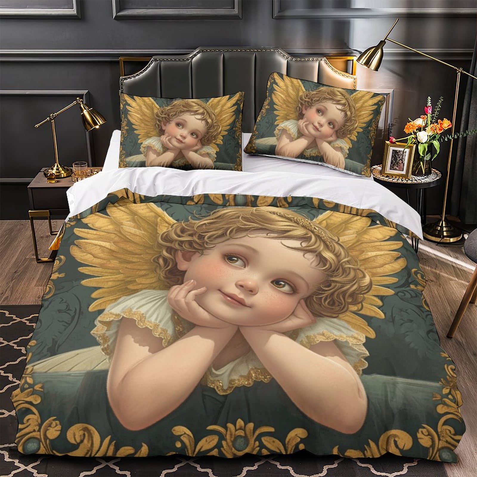 SorEci Cherubs 3pcs 3D Bedding Set Golden Wings Duvet Cover Set Bed Printed Quilt Cover Bed Linens with 2 Pillowcases with Zipper All Season Queen(228x228cm), Style-3