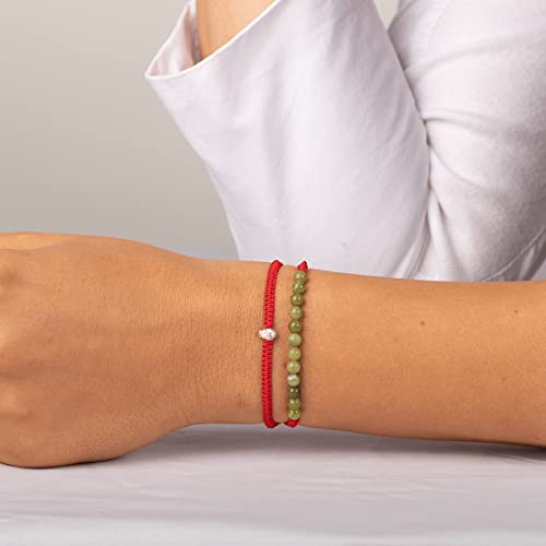 KARMA AND LUCK -Women's Red String Wrap with 925 Sterling Silver Brass Bracelet Available in Rose Quartz and Jade Stone, Hamsa Charm, Handmade in Bali, 13" to 14" (Jade Stone)