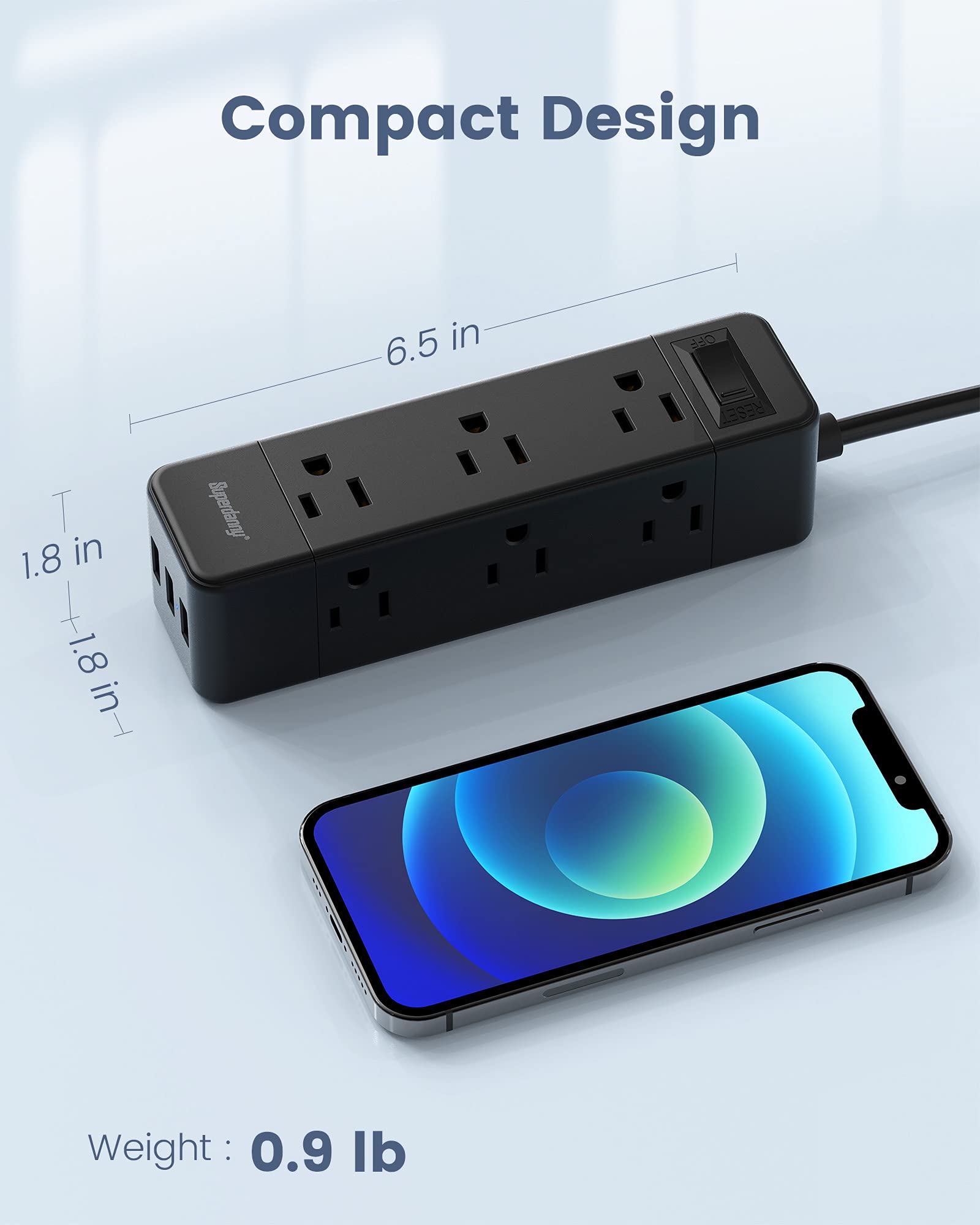 Power Strip Surge Protector, 9 Widely Spaced Outlets with 3 USB Ports, 3 Side Outlet Extender with 6.5 Ft Extension Cord, 1050 Joules, Flat Plug, Wall Mount Charging Station for Home Office Dorm Black