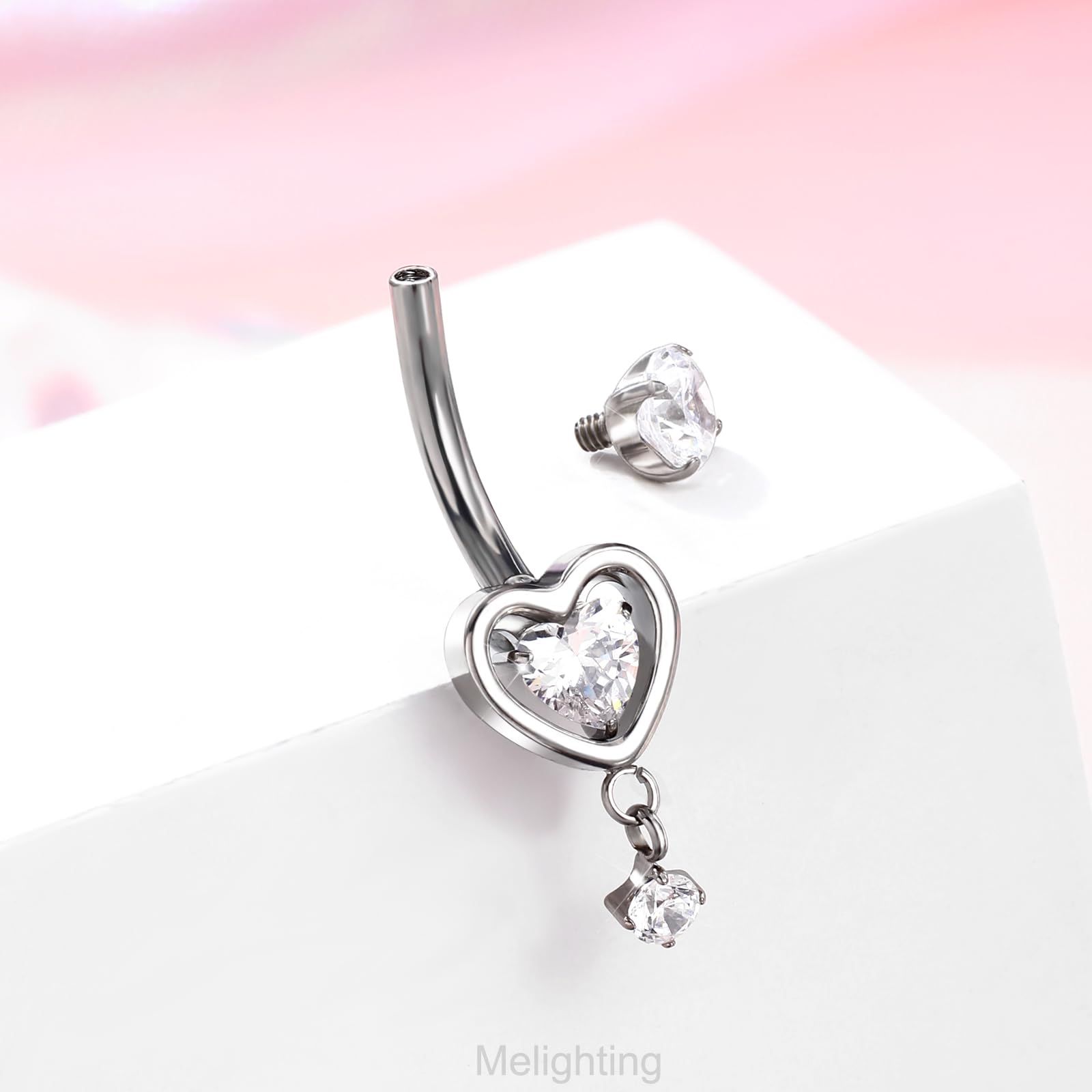 Melighting Heart Titanium Belly Button Ring Internally Threaded 14G Dangle Belly Ring Belly Piercing Jewelry Titanium G23 Naval Ring Clear Cz Body Piercing Jewelry