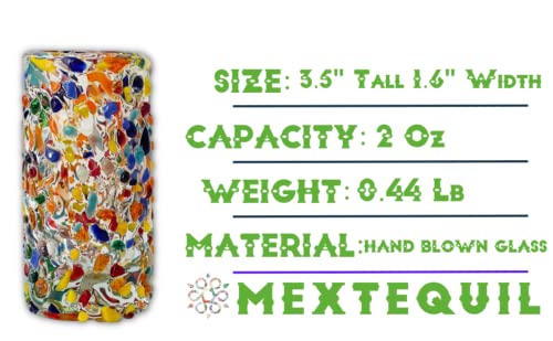 MEXTEQUIL - Authentic Mexican Tequila Shot Glasses - Tequila Set of shot glasses - 4 pcs - 2 Oz - Mexican Hand Blown Shot Glass (Confetti)