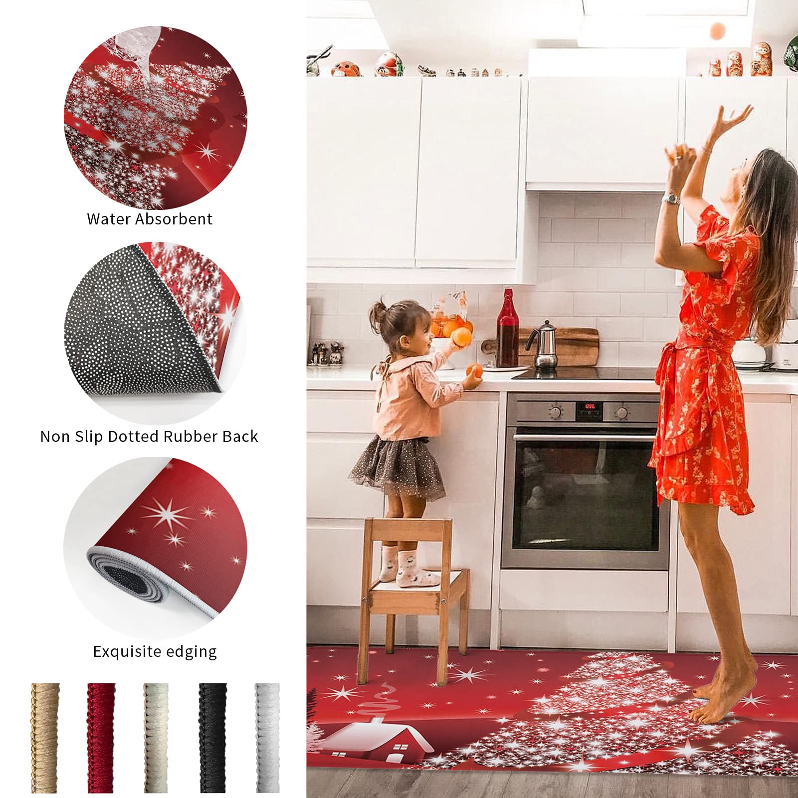 Kitchen Rug Sets 2 Piece Non-Slip Kitchen Mats and Rug Red Merry Christmas Tree Bright Country Winter Farmhouse Decorative Area Runner Rubber Backing Carpets Floor Doormat