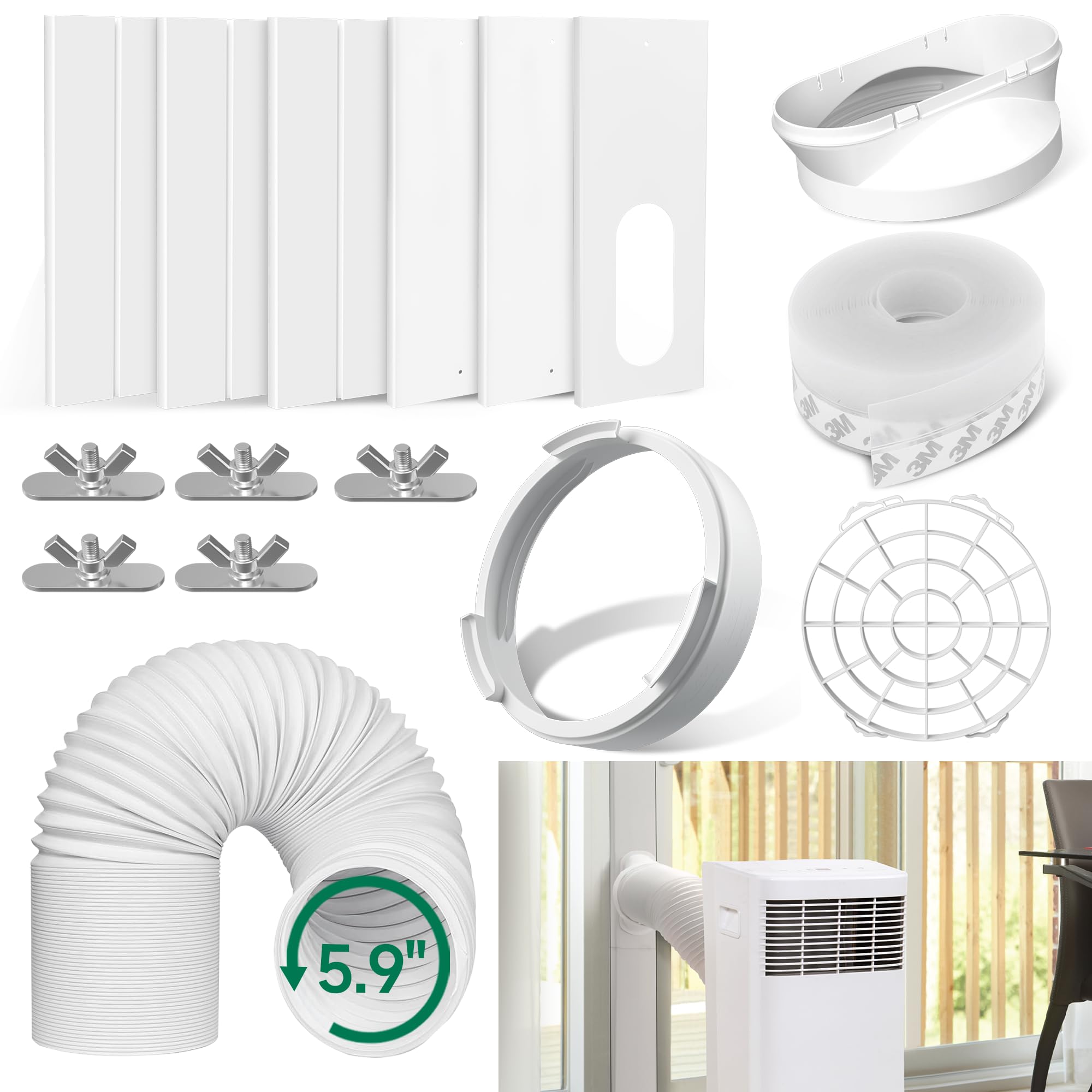Plusluck Portable Air Conditioner Window Vent Kit, 12Pcs with 6 Slide Seal Plates & 5.9 Exhaust Hose, Adjustable Portable AC Window Kit for Ducting Universal for Sliding Horizontal & Vertical Windows