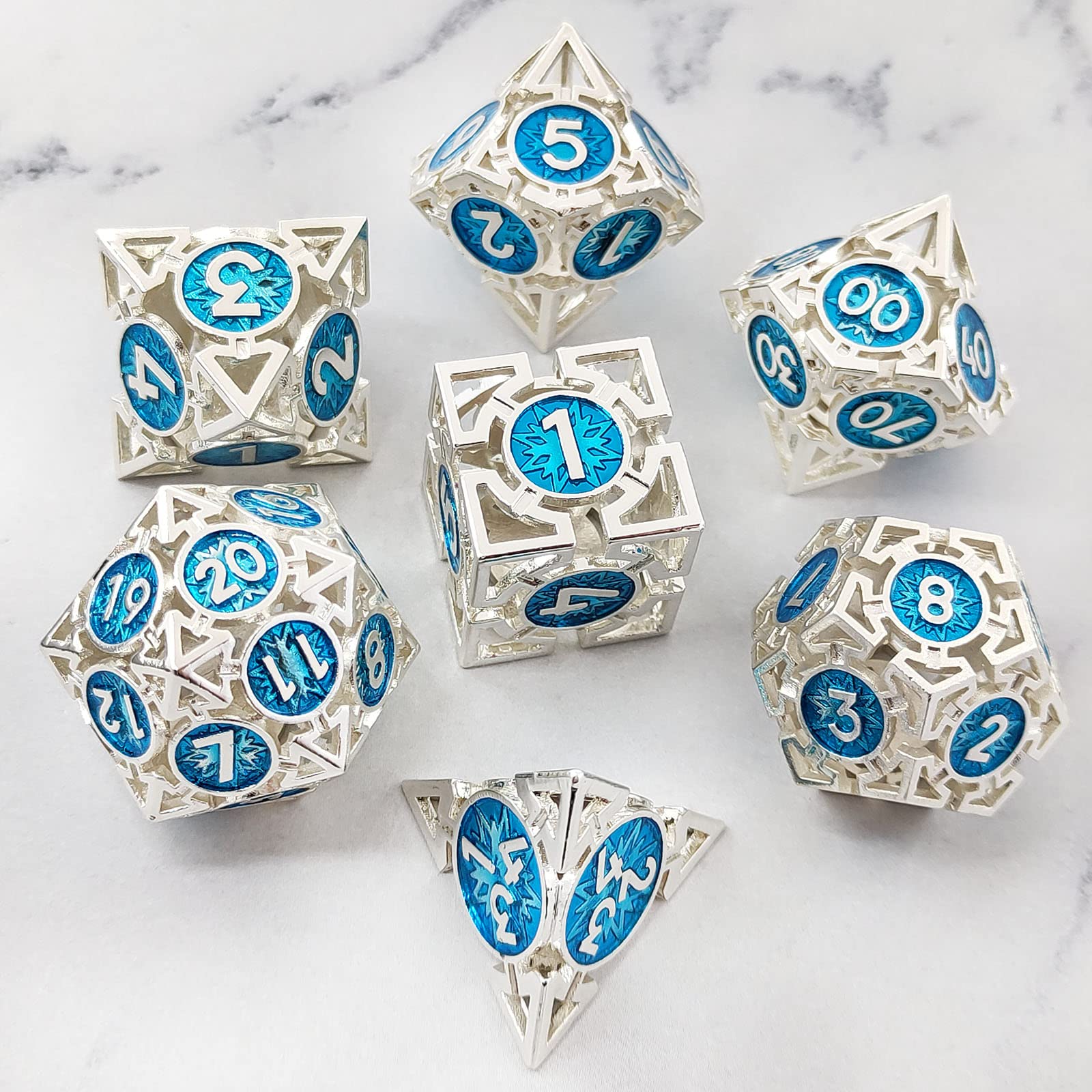 Metal Hollow DND Dice Set Polyhedral Dice D&D RPG Dungeons and Dragons Dice Board Games D and D Role Playing Dice Pathfinder Dice MTG Giant with Gift Box D20 D12 D10 D8 D6 D4 Silver Blue