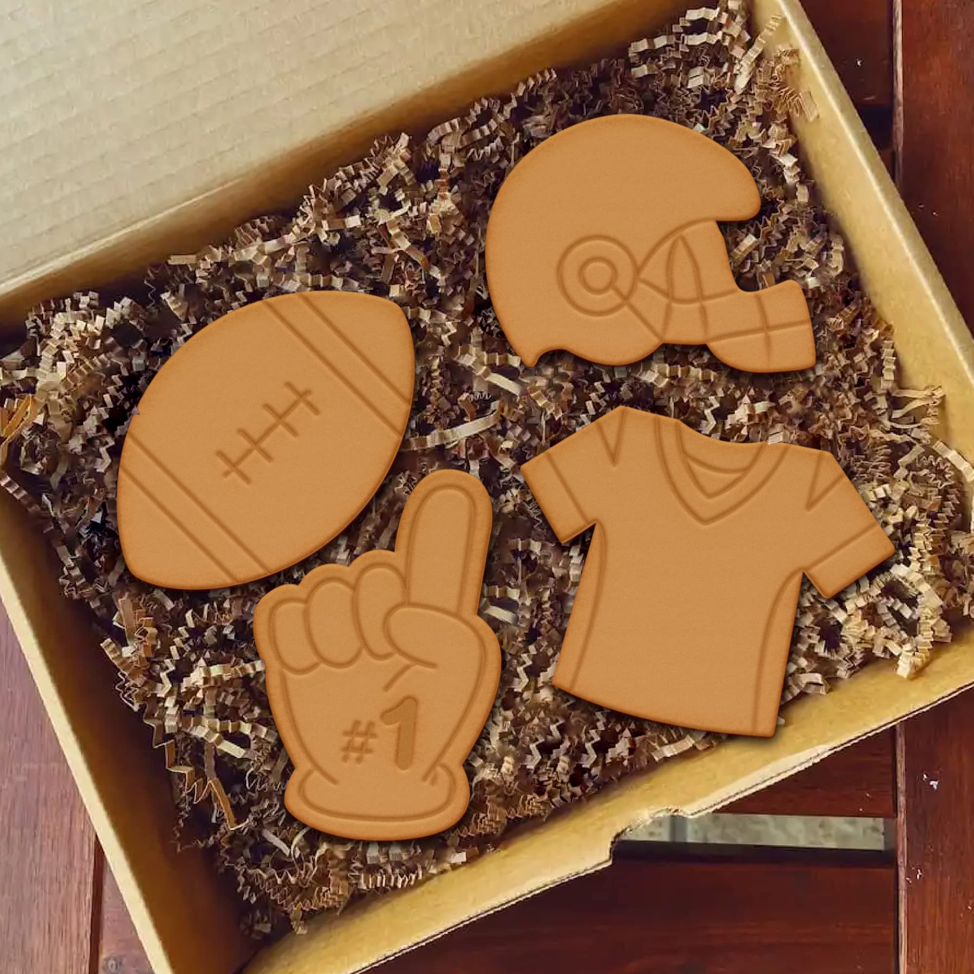 Moose Goods Football Cookie Cutter Set of 4 - Sports Cookie Cutters Shapes, Food Safe Plastic - Themed Football Cookie Cutters for Birthday Football Cookies - Football, Helmet, Jersey & Foam Finger