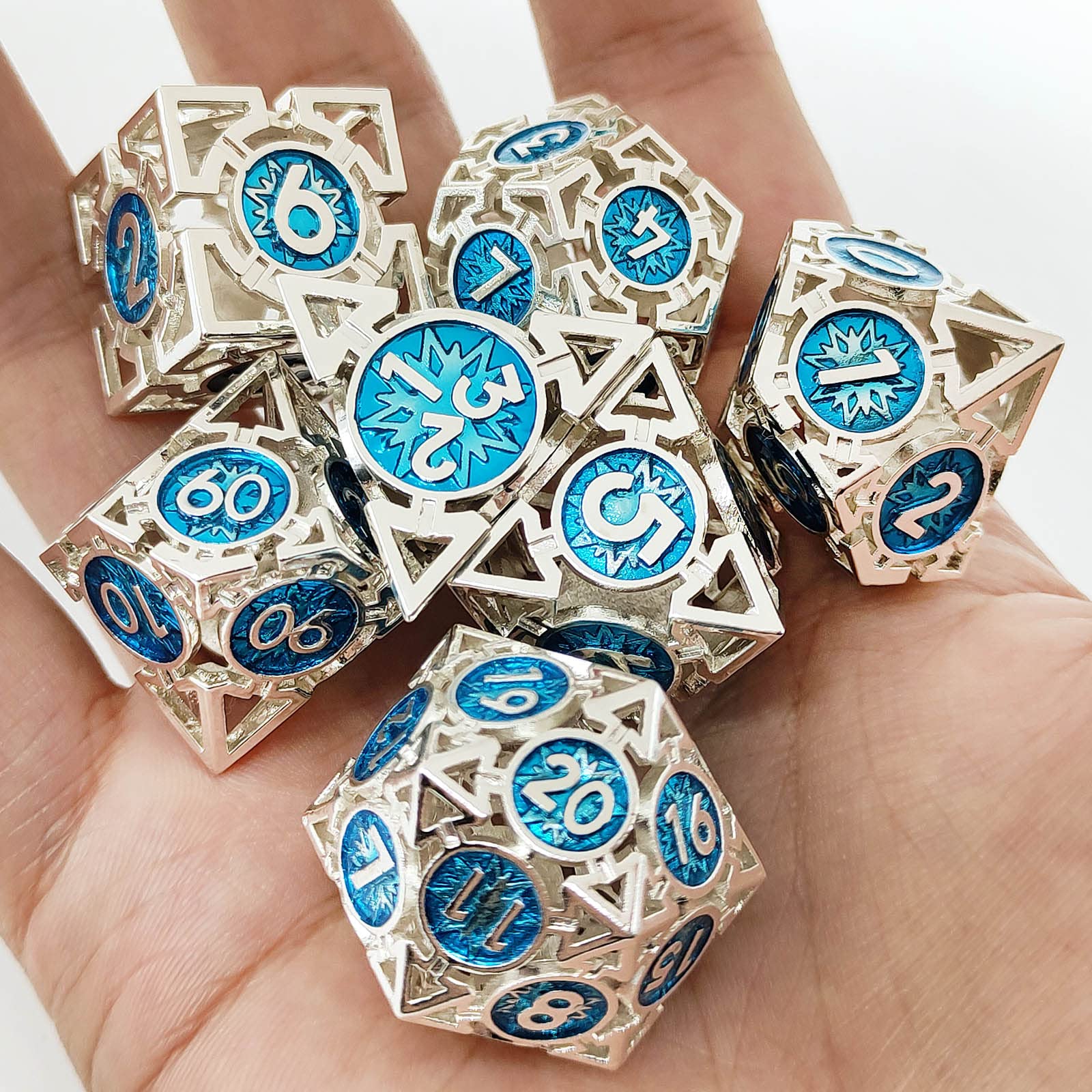 Metal Hollow DND Dice Set Polyhedral Dice D&D RPG Dungeons and Dragons Dice Board Games D and D Role Playing Dice Pathfinder Dice MTG Giant with Gift Box D20 D12 D10 D8 D6 D4 Silver Blue