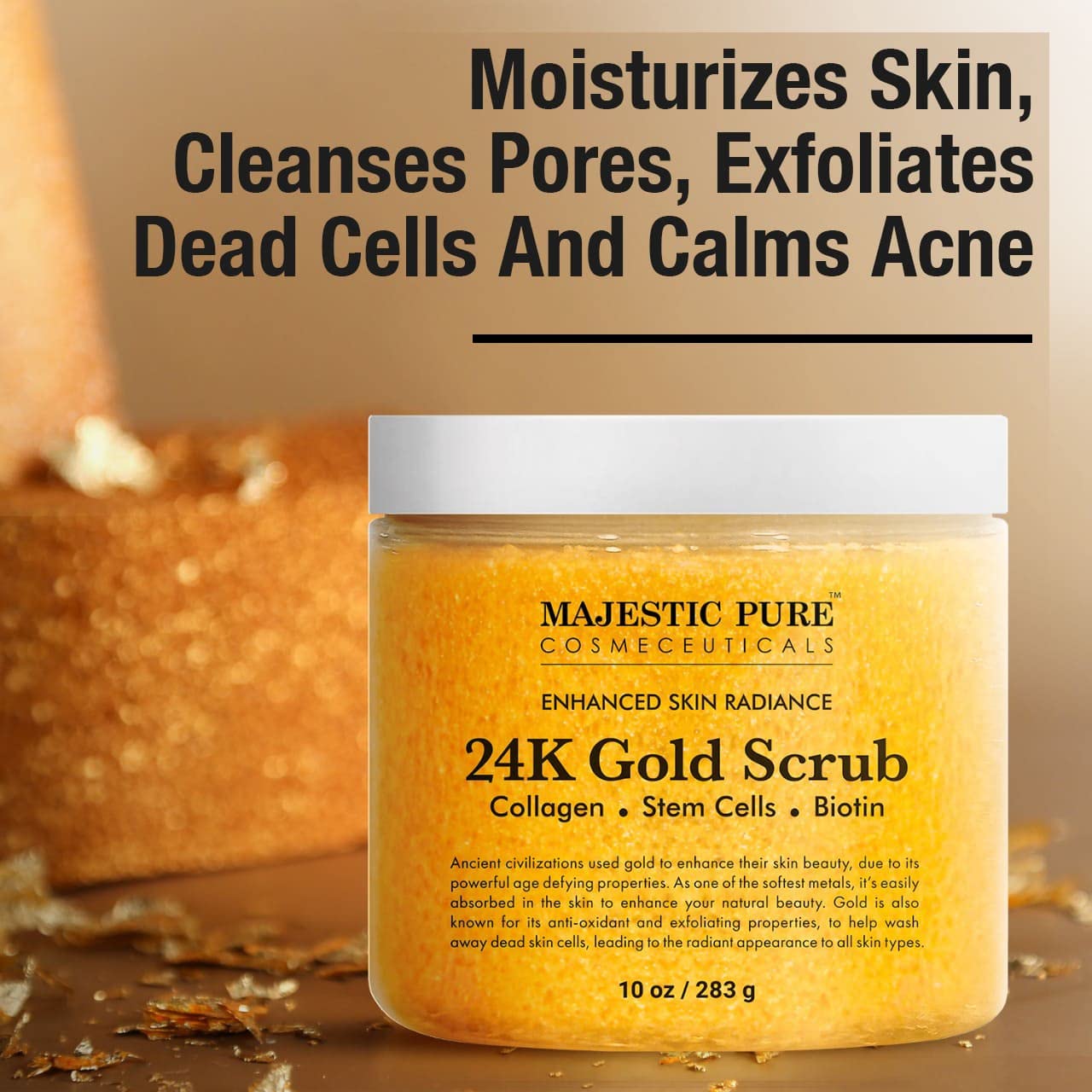 MAJESTIC PURE 24k Gold Scrub with Collagen and Biotin | Exfoliating Body Scrub for Skin Care, Stretch Marks, Acne, Cellulite | Body Scrub Exfoliator |10 oz