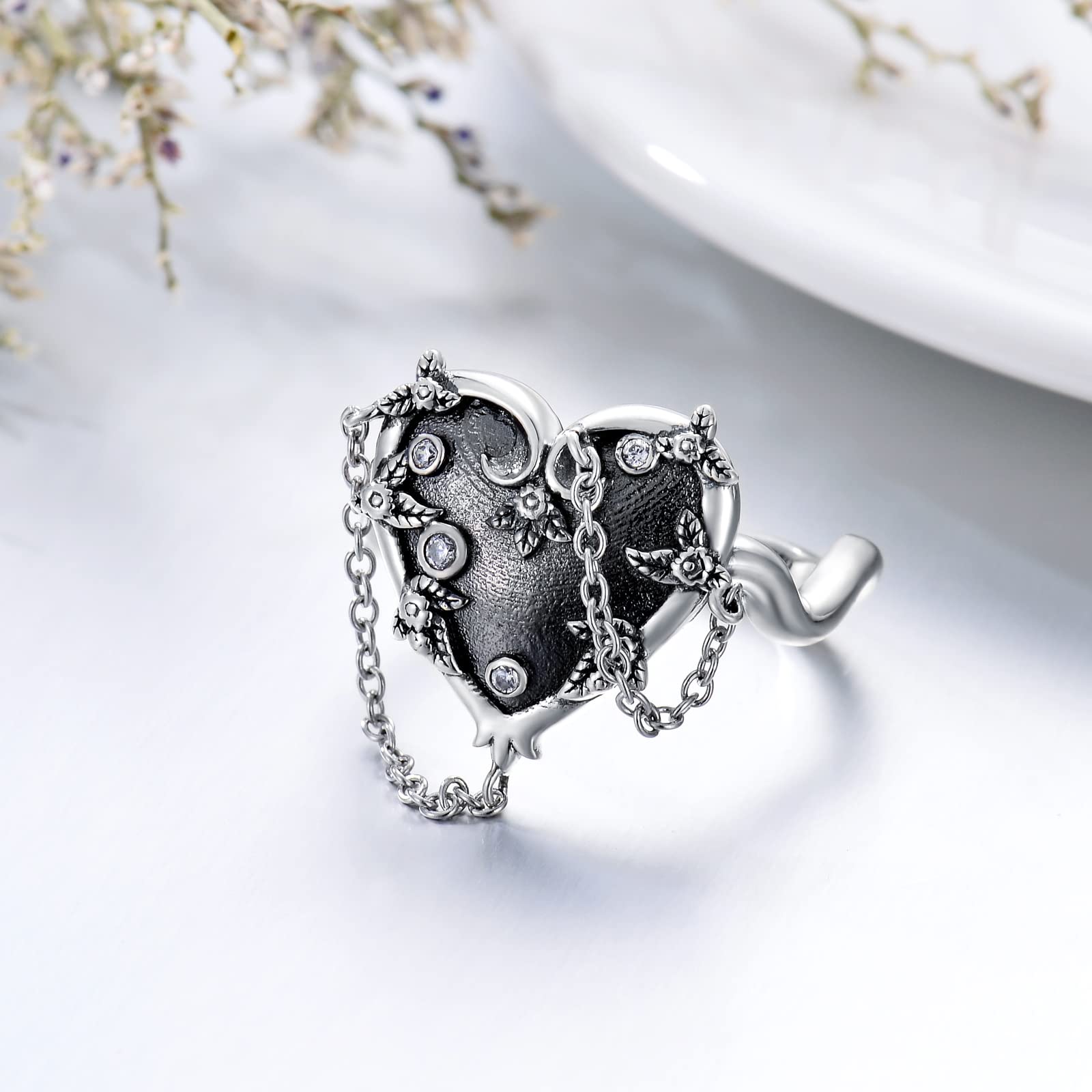 MONGAS Witch Heart Ring 925 Sterling Silver Gothic Jewelry Goth Halloween Gifts for Women