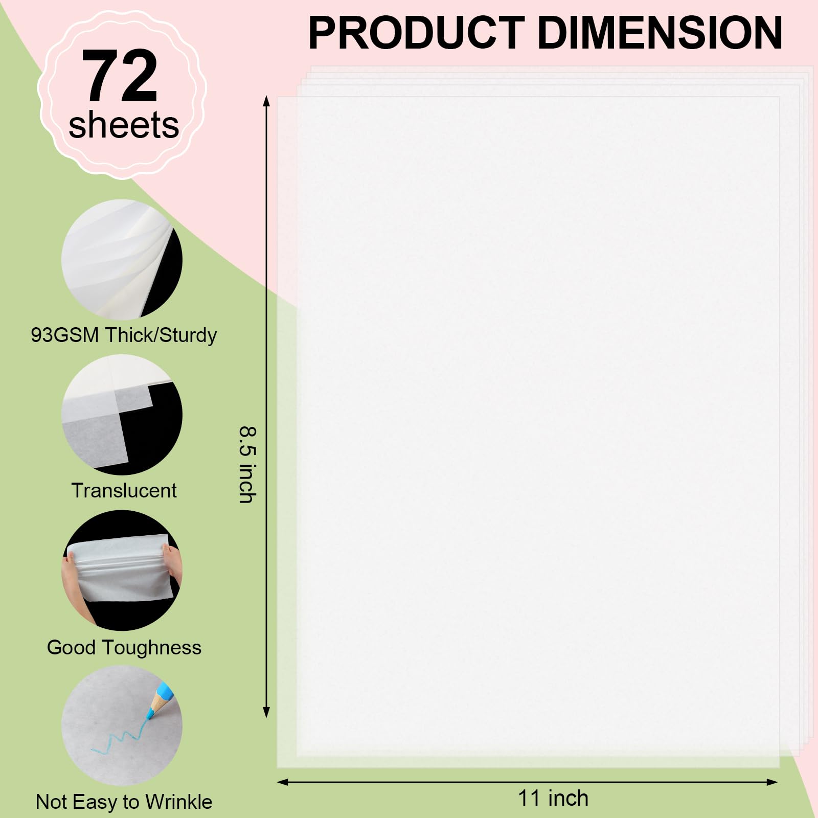 Phinus 72 Sheets Vellum Paper, Translucent Vellum Jackets Vellum Tracing Paper 8.5 x 11, Vellum Paper Printable for Sketching, Invitation Belly Bands, Gift Box Liners