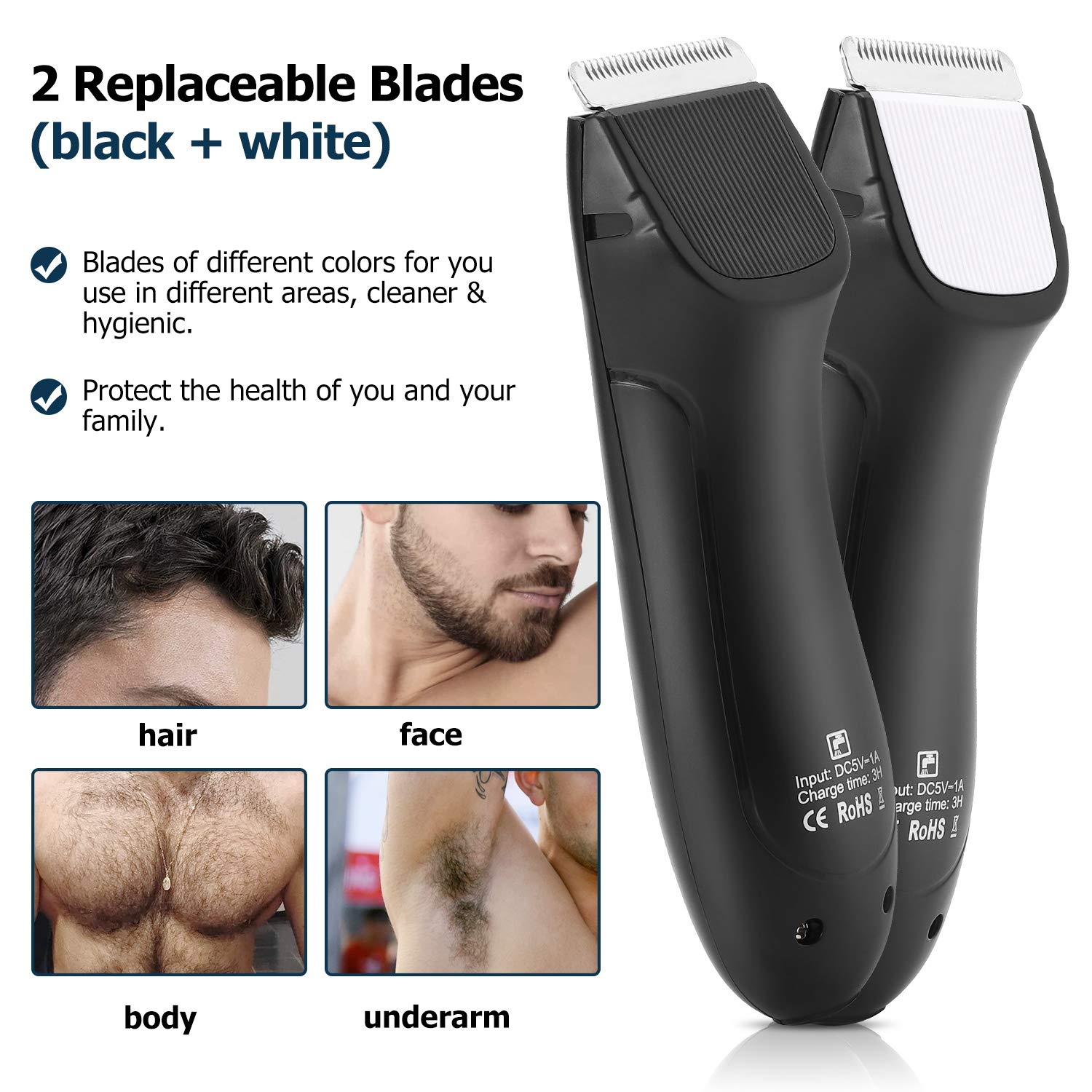Kilison Groin Hair Trimmer for Men, Waterproof Wet/Dry Body Trimmer with 2 Removable Ceramic Blade, Electric Beard Trimmer for Ultimate Male