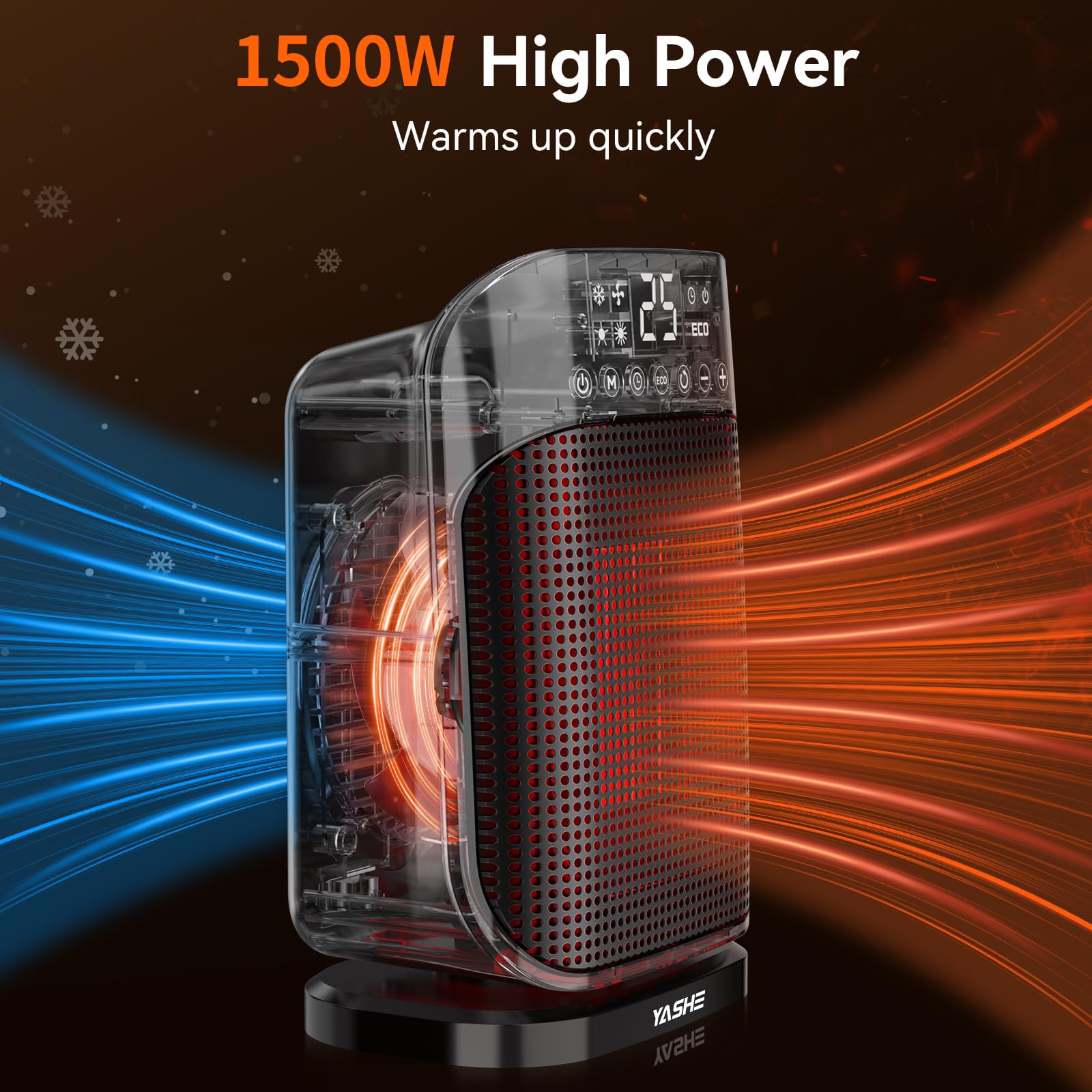 YASHE Space Heater, 1500W Portable Electric Heater for Indoor Use with Thermostat, 75° Oscillation, Digital Display, Remote Control, 24H Timer, ECO Mode, Fast Ceramic Heating for Home, Office, Bedroom