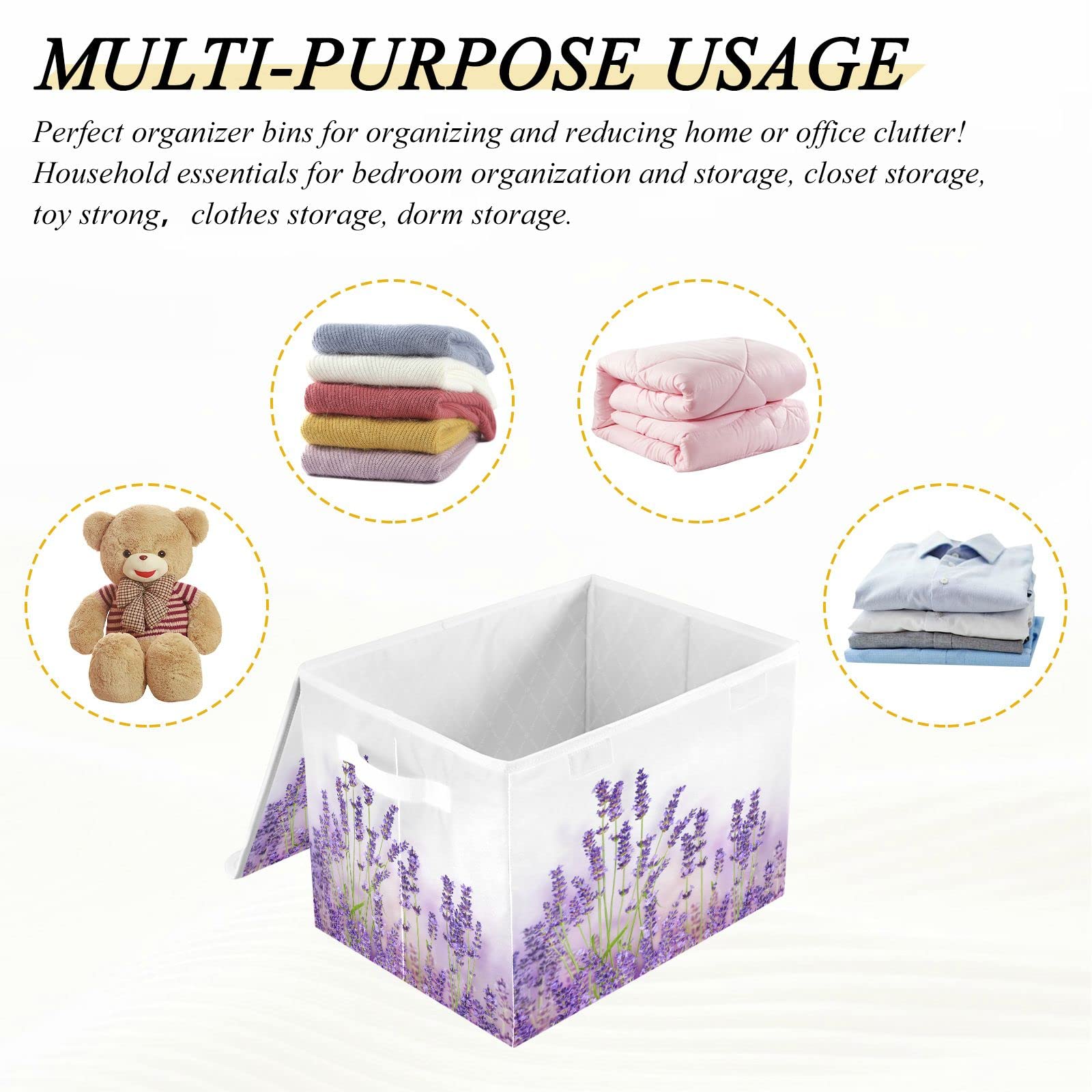 Kigai Collapsible Lavender Flowers Storage Basket with Lids and Handles,Storage Bins for Shelves Closet Bedroom,Office Storage