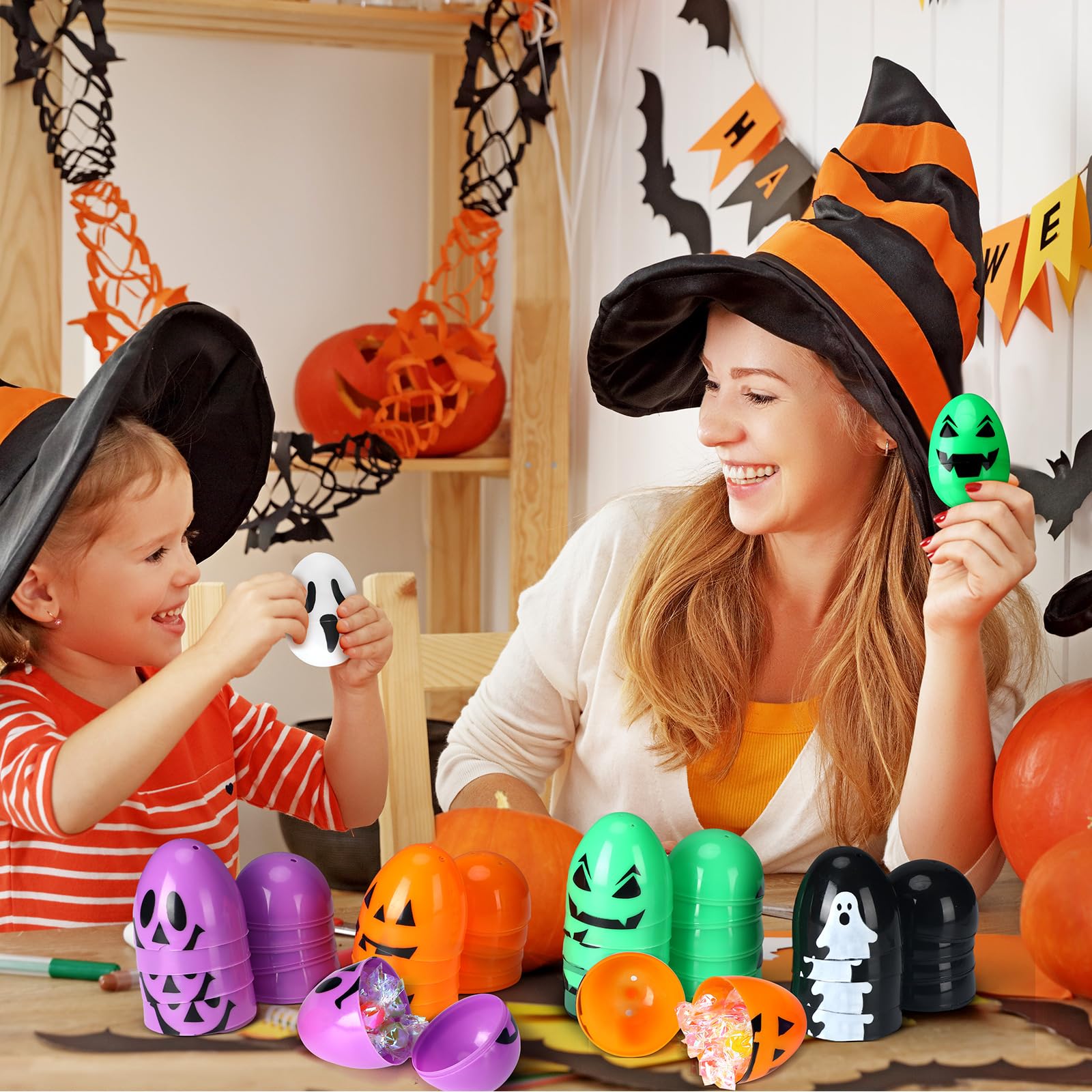 Libima 100 Pcs Halloween Skull Easter Eggs Bulk Halloween Easter Eggs Ghost Fillable Plastic Candy Containers Trick or Treat Plastic Pumpkin Eggs for Halloween Egg Hunt Party Supplies, 3 x 2 Inch