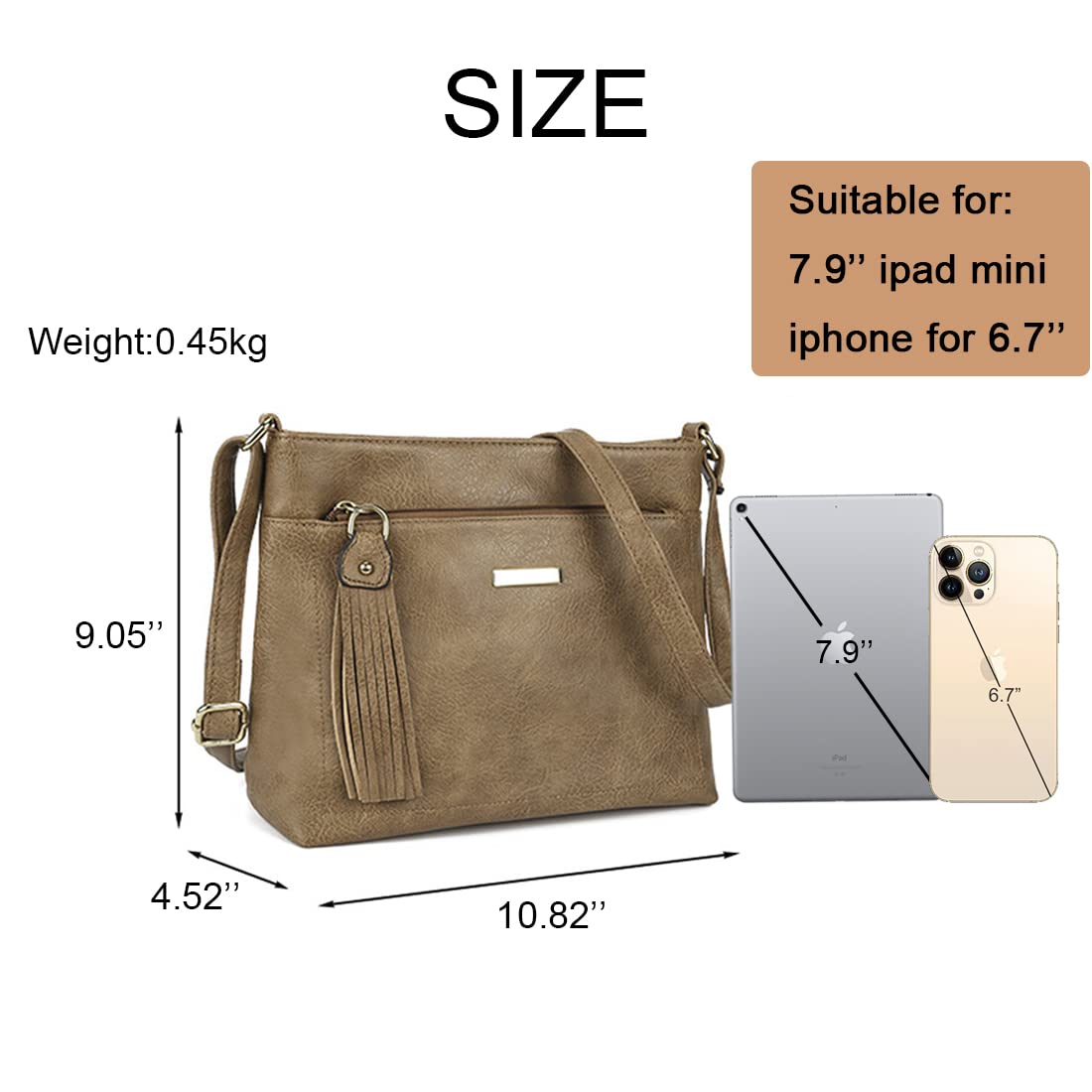 Medium Sized Retro Style Hobo Bag Zipper Shoulder Purse with Tassel Decoration Crossbody Handbag for Women (Brown)