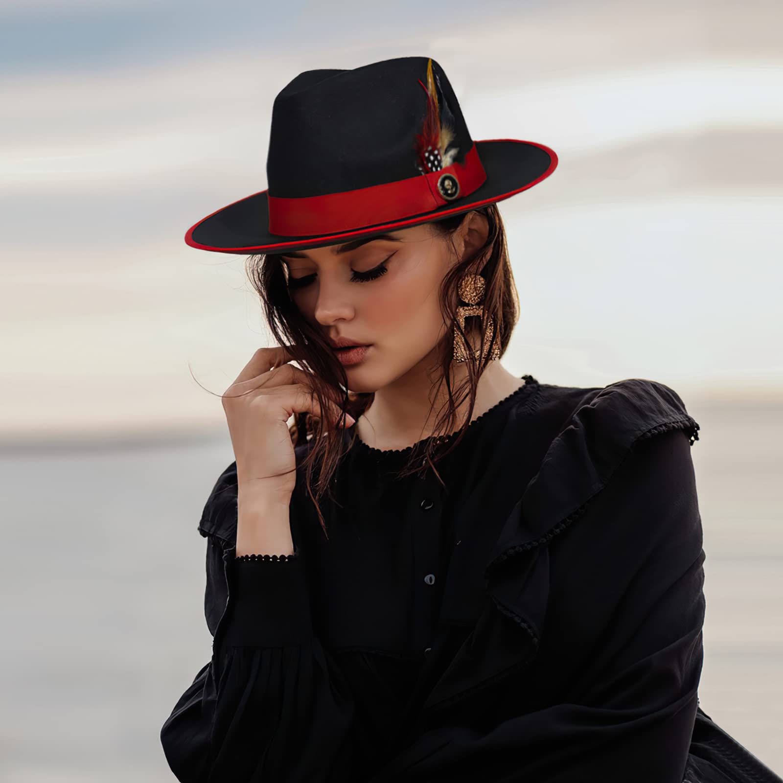 Kalerona Black Fedora Hat for Men & Women Red Trim with Band and Feathers and Decorative Buckle