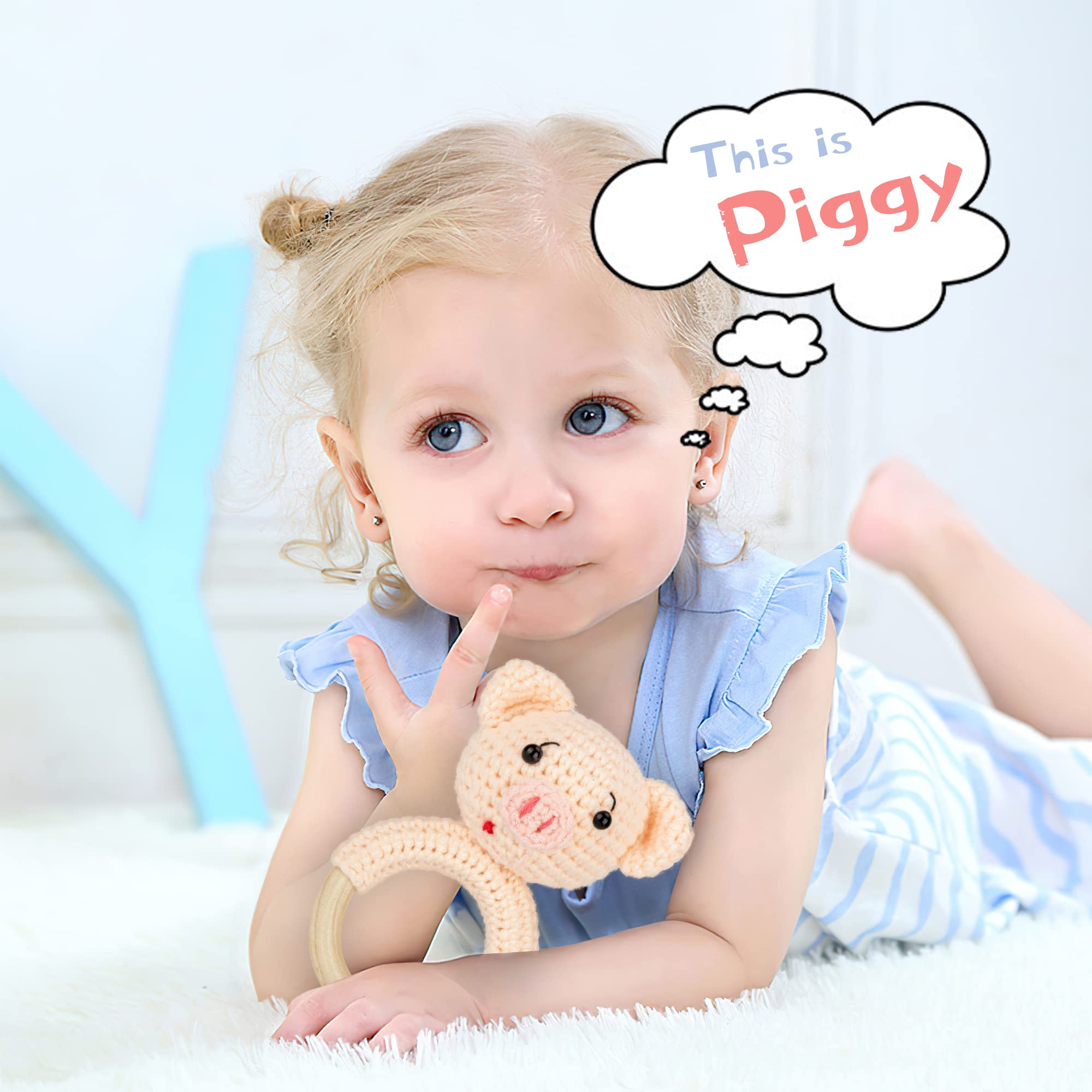 LUJCCHY Animals Wooden Baby Rattle Toys Stuffed Crochet Rattle with Teether Ring for Newborn, Shaker Rattles Natural Infants First Toy Gift