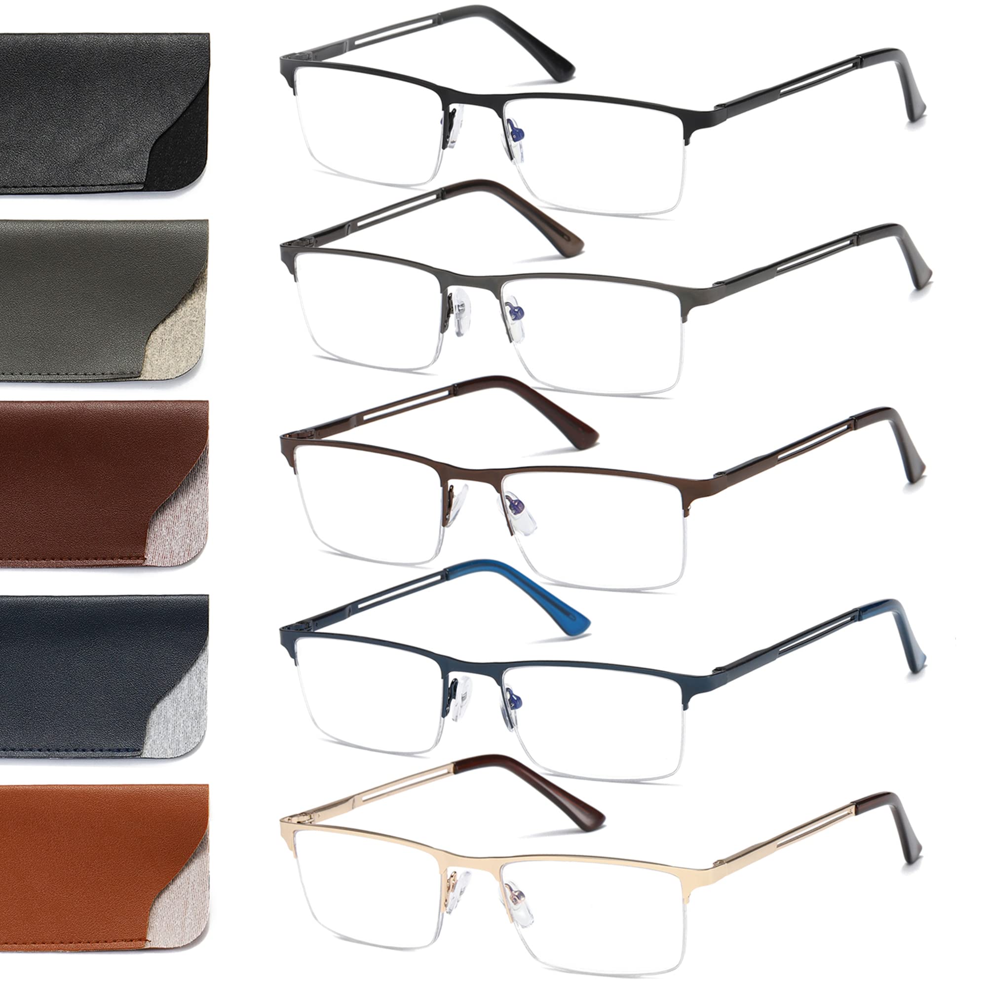 Reading Glasses for Men, Blue Light Blocking Readers, Half Frame Metal Readers Spring Hinge 5-Pack +1.0
