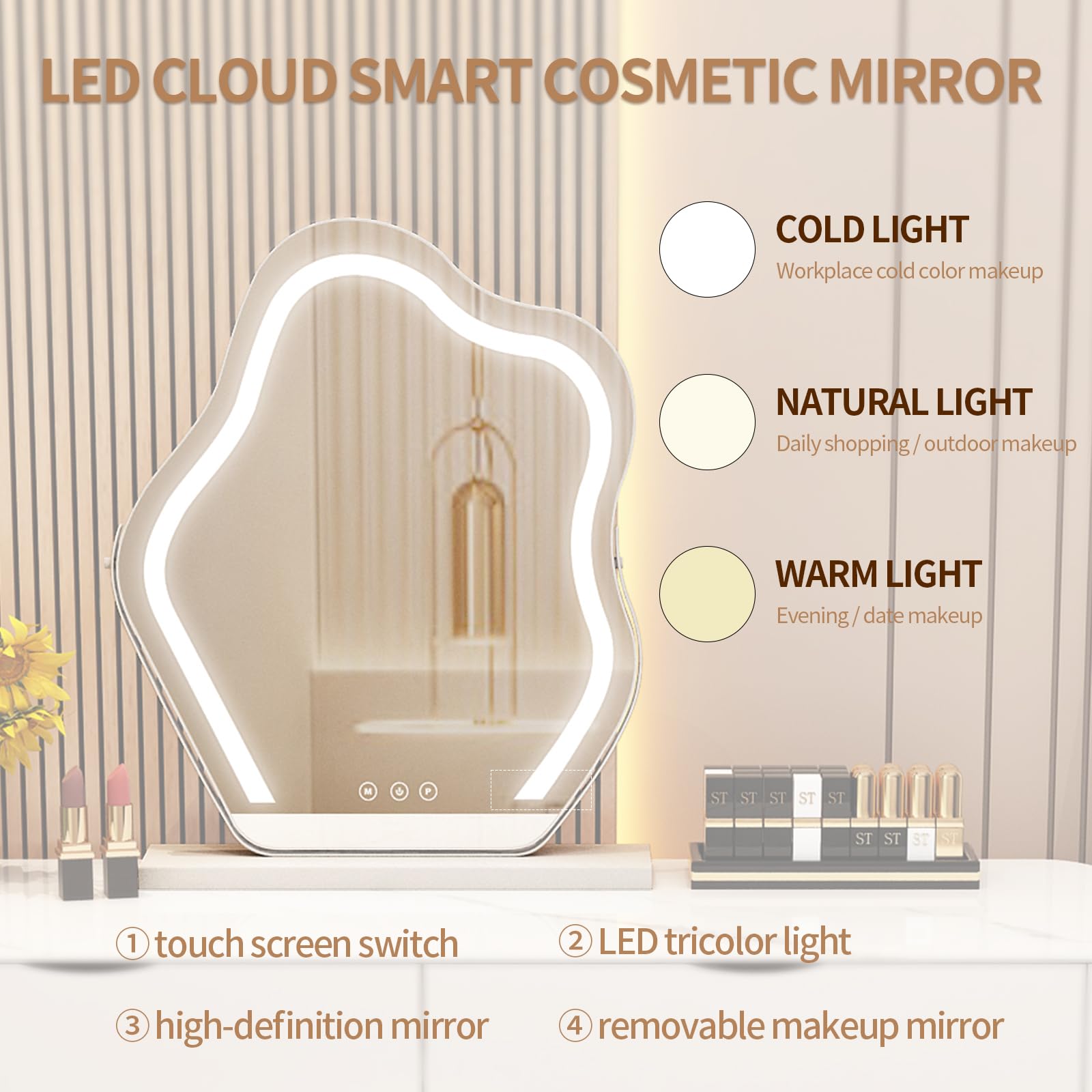 Hunlyman Makeup Vanity Desk, Modern Style Makeup Table Made of Solid Wood,Including Rotatable/Removable Touch Screen HD LED Mirror(3-Brigntness) and Soft Chair,Family Bedroom (39 Inch/100CM)