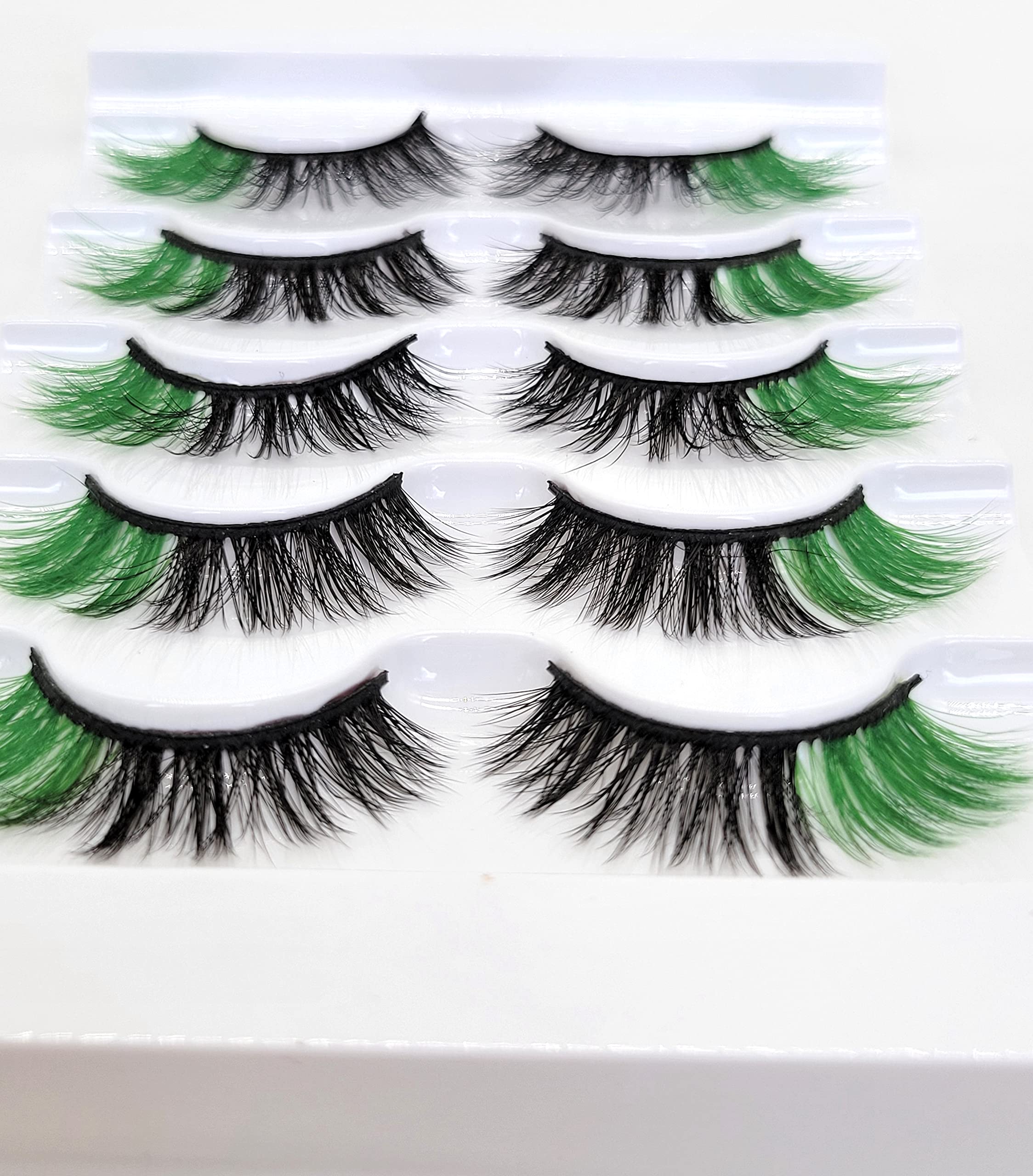 MISSLADY 16mm 5 Pairs Pack 3D Faux Mink Eyelashes with Green Ends Colored Lashes (FM-205, 8-16mm, Black with Green Ends, 5 Pairs)