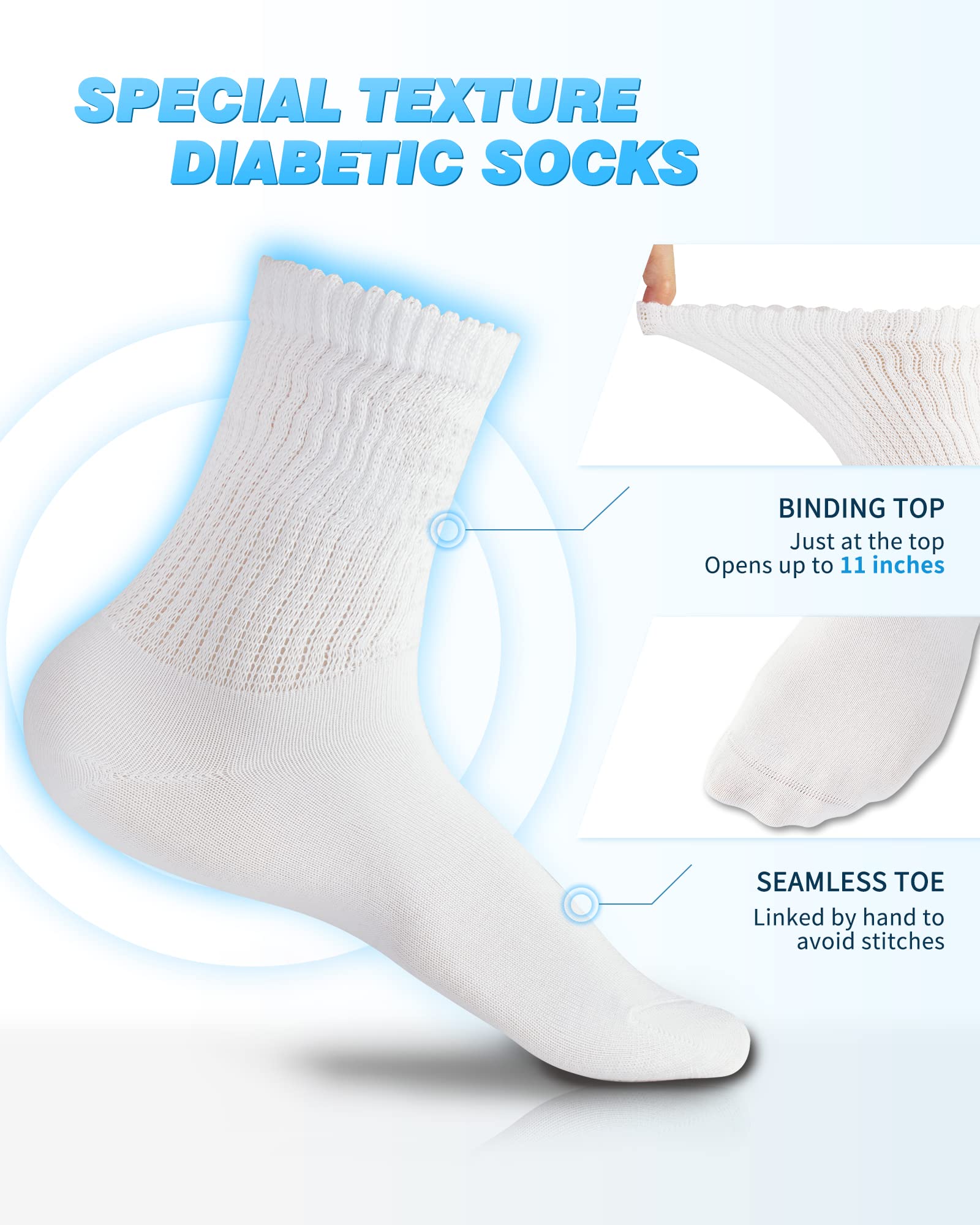 LIN Women's Ankle Diabetic Socks 9-11, Non-Binding Neuropathy Ankle Socks for Blood Circulation Varicose Veins, Loose Fit Breathable , 6 Pairs, White 13-15