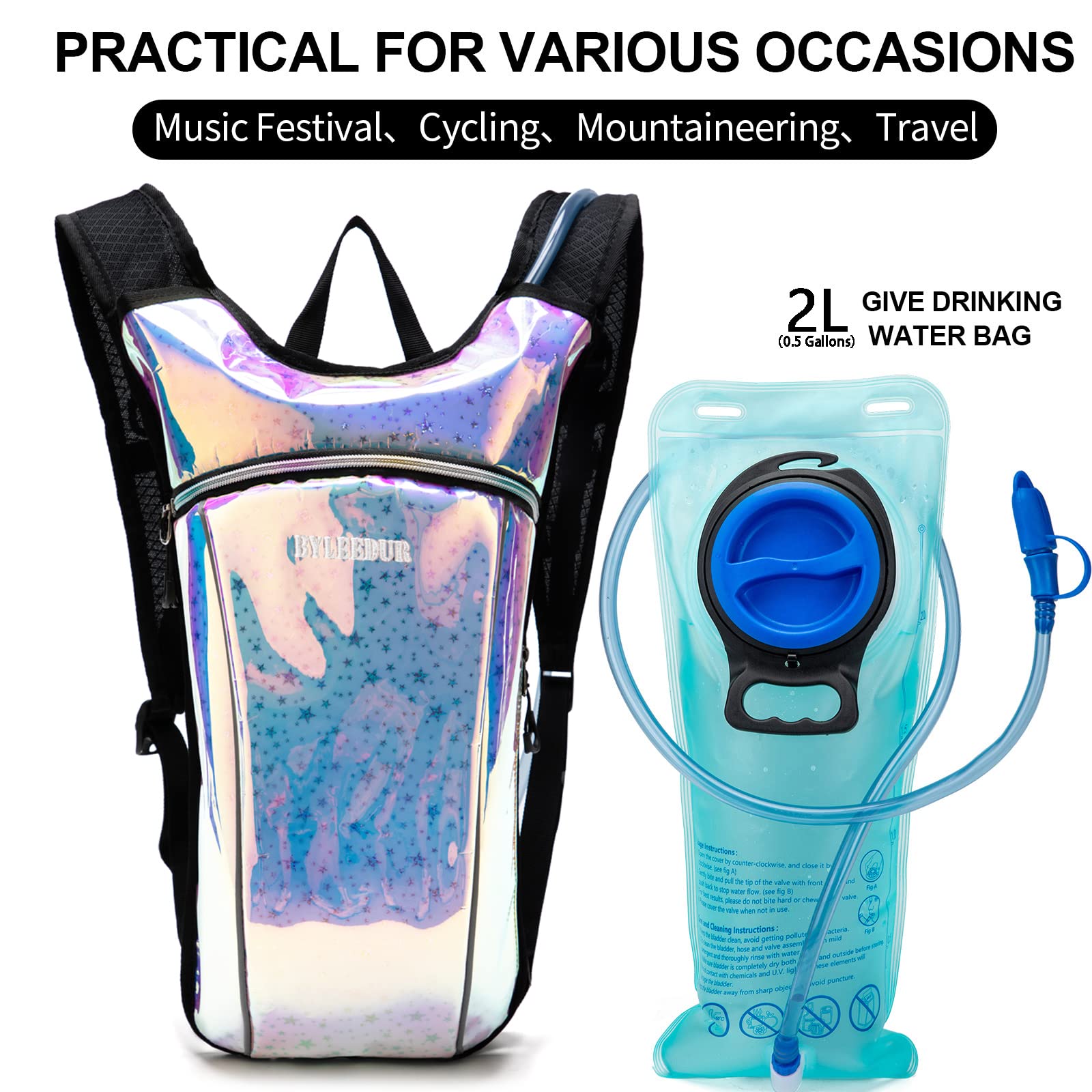 Hydration Backpack with 2L Water Bladder for Men & Women Suitable for Festivals, Raves, Hiking, Biking, Climbing, Running, Outdoors and More (Stars)