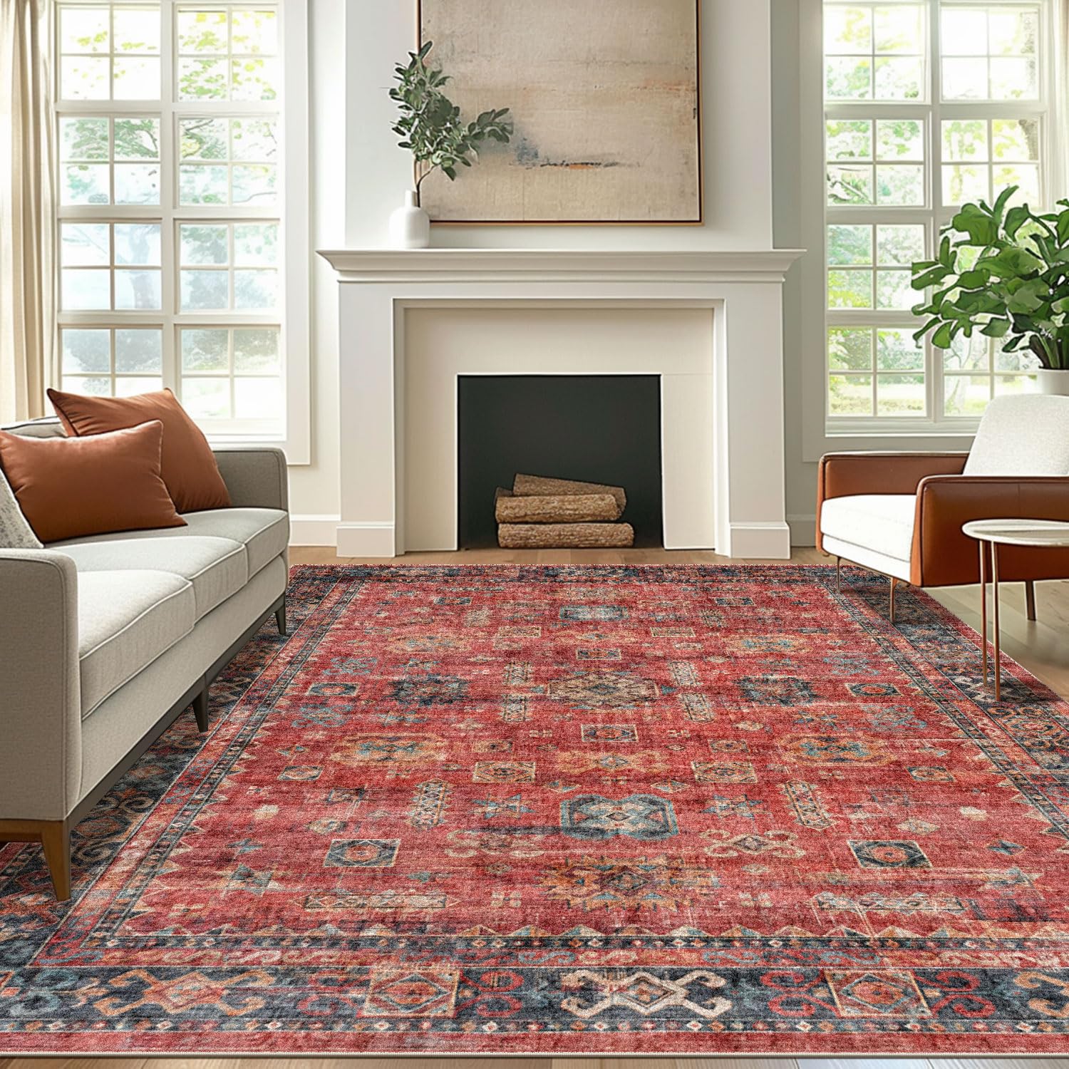 QQL Rug for Living Room, Machine Washable Area Rugs 9'x12' for Bedroom, Ultra-Soft Non-Shedding Faux Wool Vintage Design Boho Low Pile Mat Throw Carpet,Stain Resistant Rugs with Non-Slip Backing