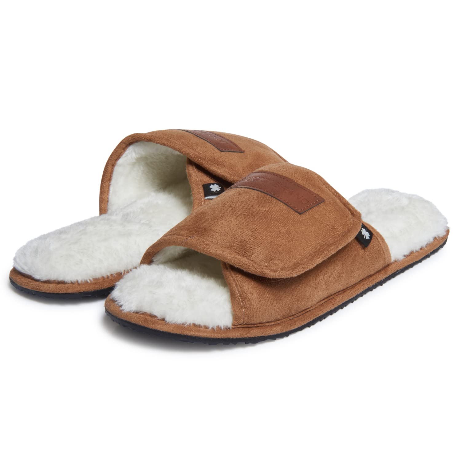 Lucky Brand Mens Microsuede Memory Foam Open Toe Slippers, Cool Adjustable Strap Indoor Outdoor House Sliders for Men, Tan, Medium