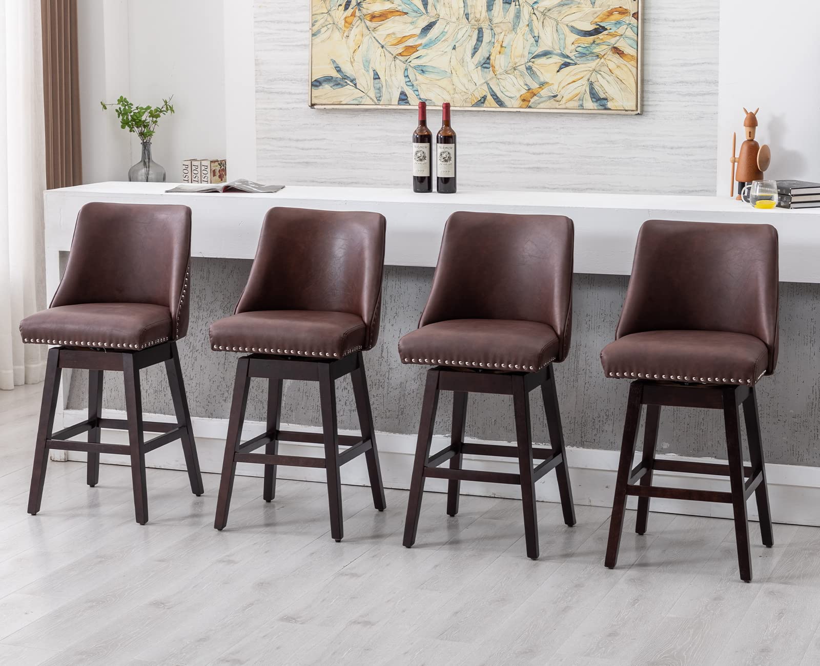 Kmax Leather Counter Height Bar Stools Swivel Farmhouse Bar Stools with Wood Legs Nailhead Footrest for Kitchen Island, Set of 2- Chocolate