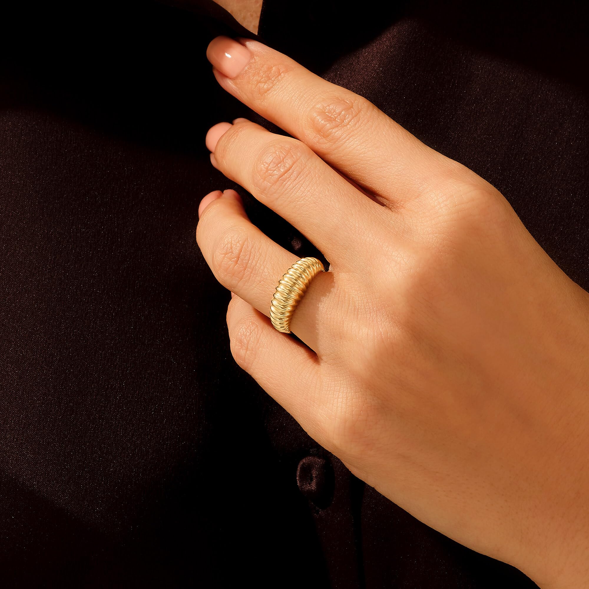 Norm Jewels Chunky Statement Ring in 14k Solid Gold Ribbed Dome Ring for Women Men Comfort Fit (Yellow Gold, 7.5)